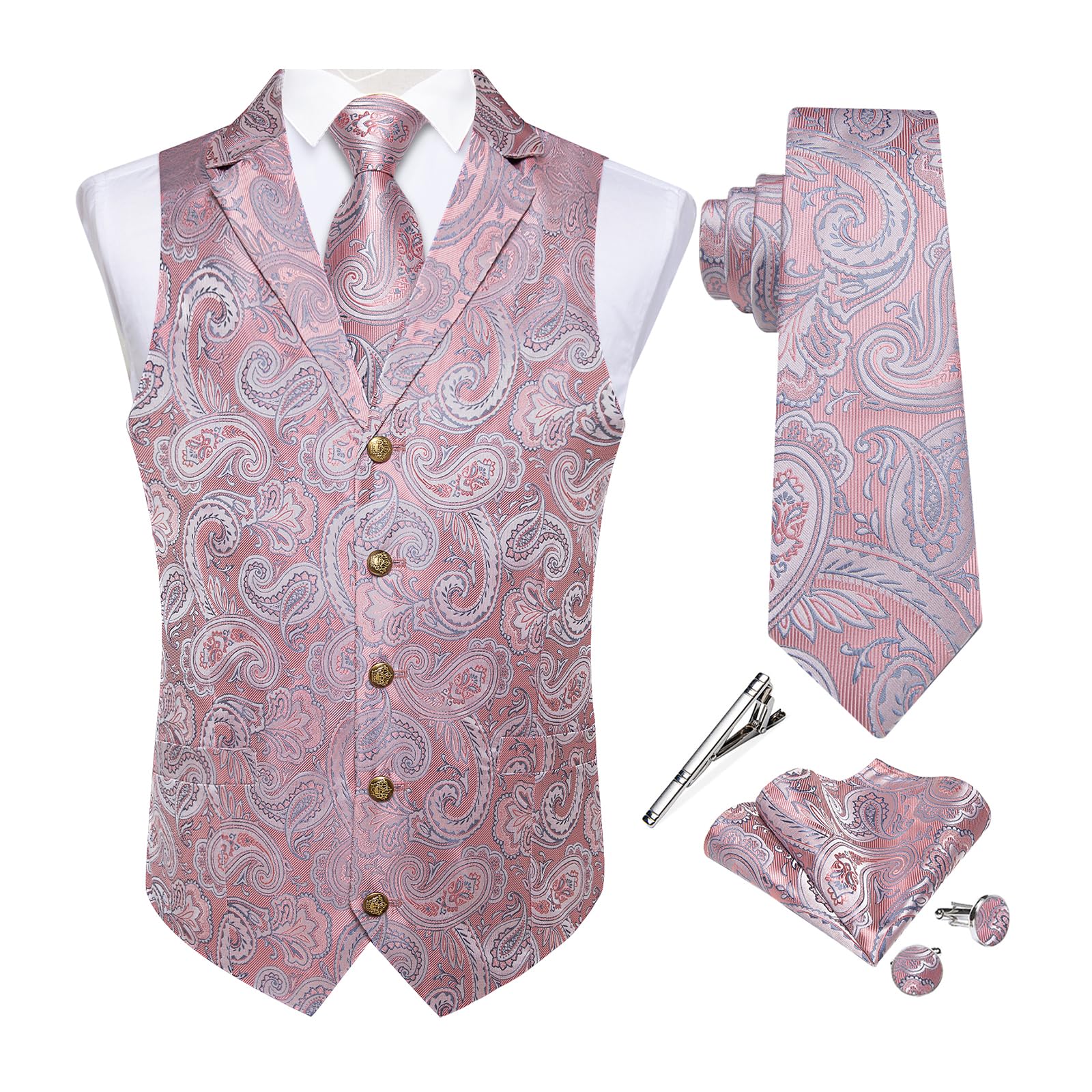 DiBanGu Pink Mens Vest Tie Set Formal Waistcoat Paisley Floral Jacquard Necktie Pocket Square ...