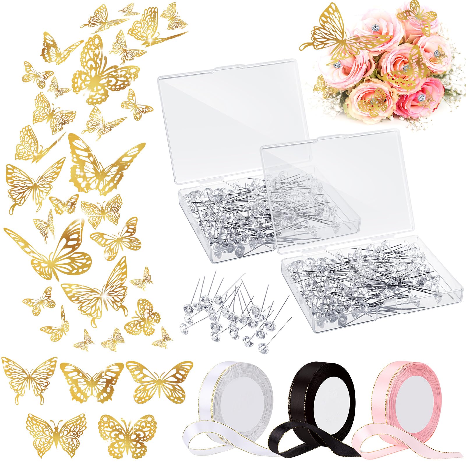 263 Pcs Flower Bouquet Accessories, 200 Bouquet Corsages Pins 60 3D ...
