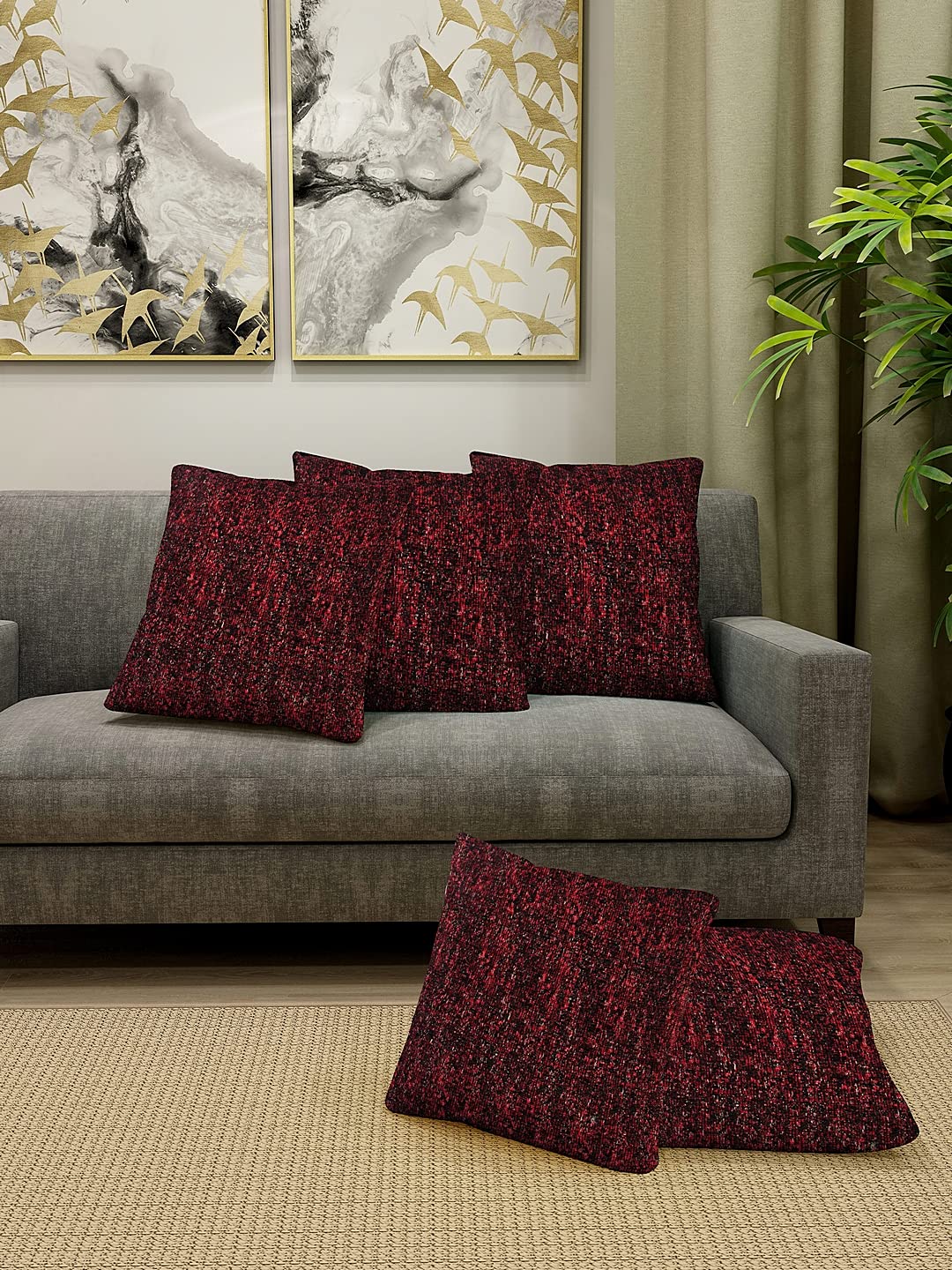Buy KLOTTHE Set of 5 Maroon Polycotton Self Design Cushion Covers ...