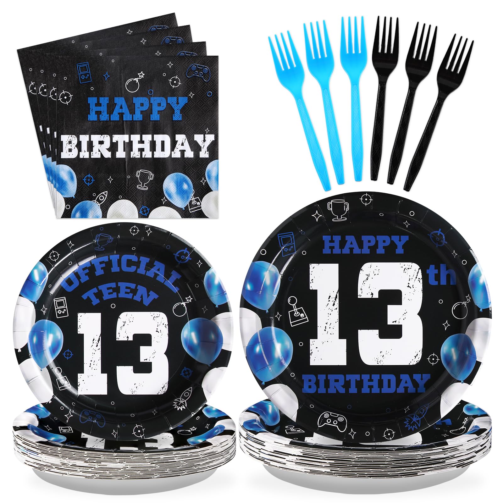 Grencian 96Pcs 13th Birthday Decorations for Boys Blue Black 13th ...
