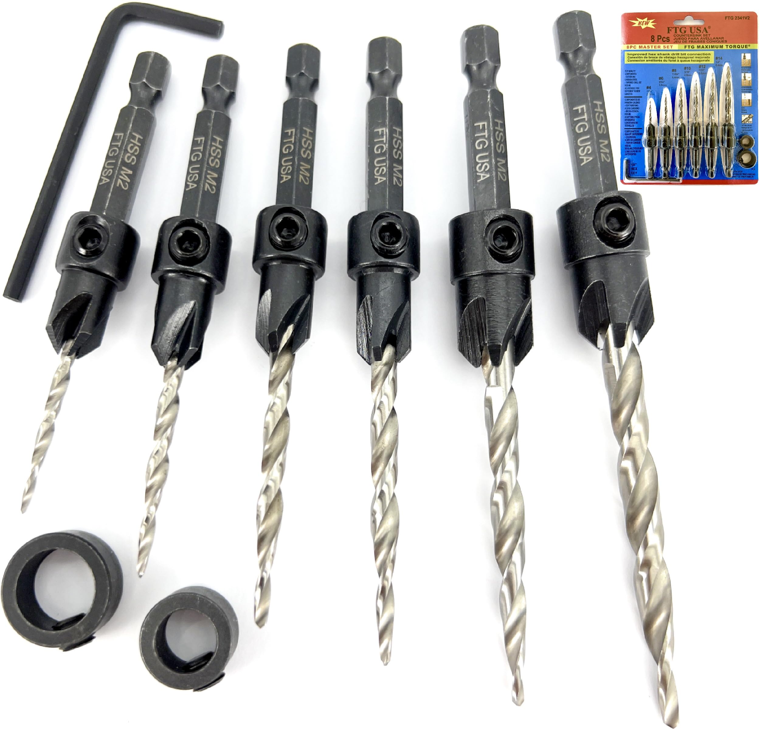 FTG USA Adjustable Wood Countersink Drill Bit Set 6 Pc Countersink ...