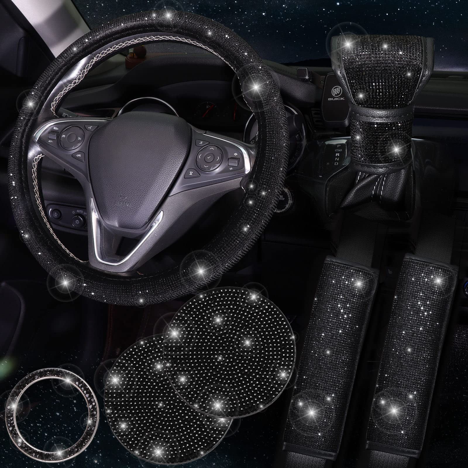 ToBeQueen 7 Pack Black Bling Car Accessories Set,Crystal Diamond Car ...