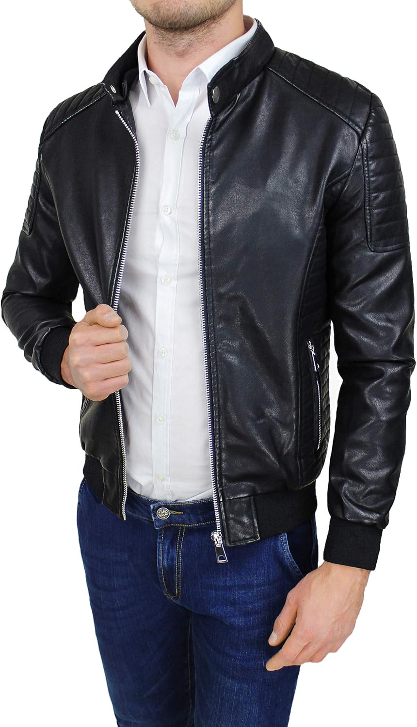 Giubbotto Uomo in Ecopelle Nero Slim Fit Giacca Giubbino Coreana Casual