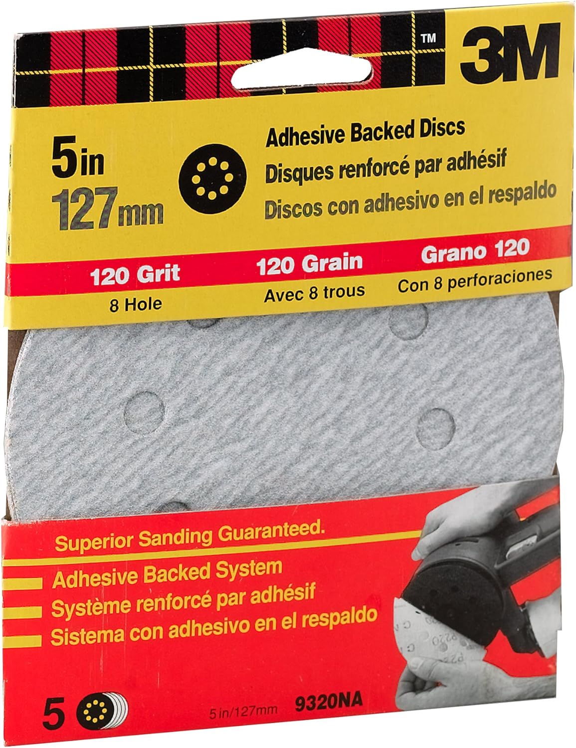 3M 8 Hole Dust Free Adhesive Backed Discs, 5-in, Fine 120 Grit, 5-Pack ...
