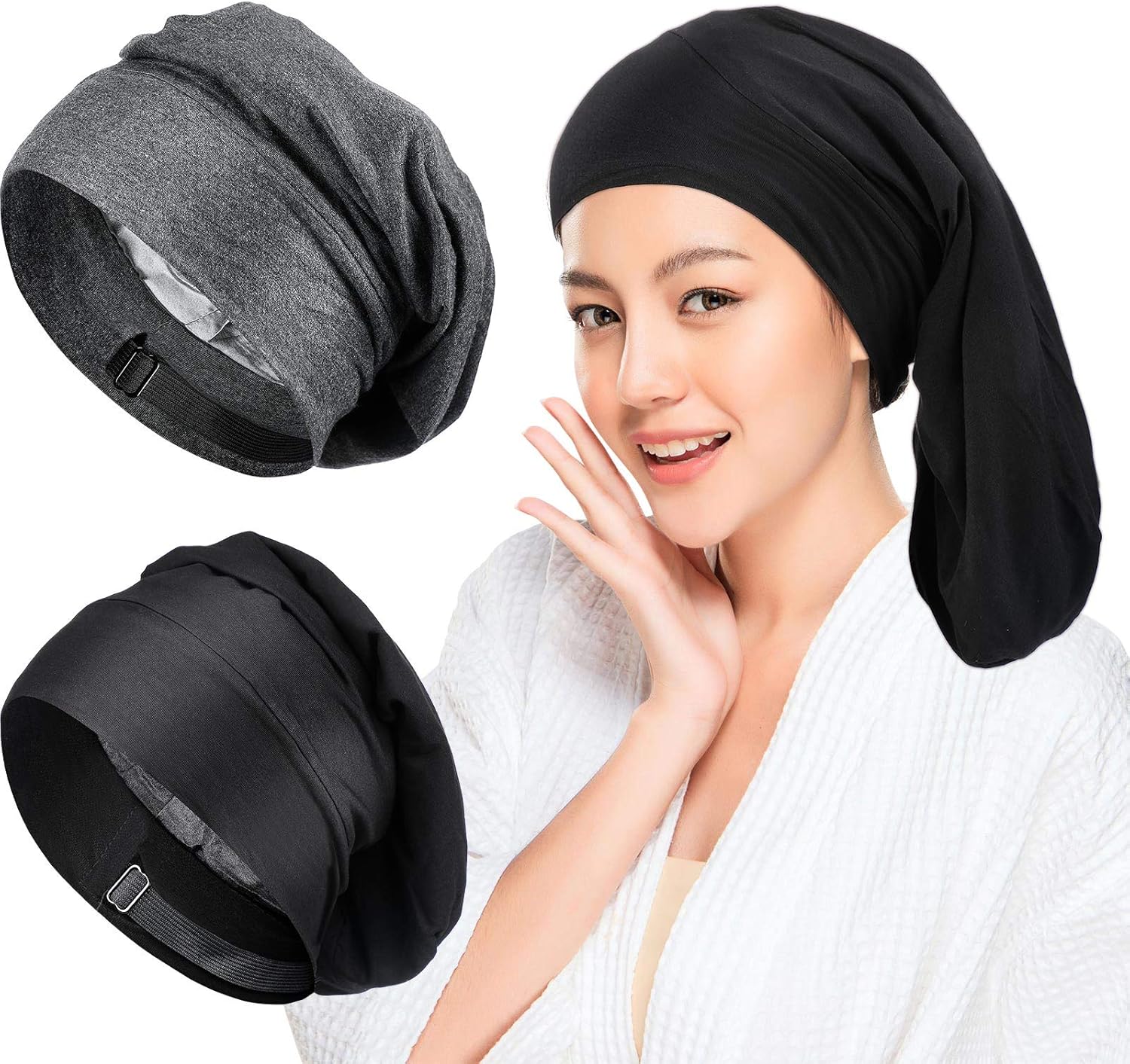 2 Pieces Extra Large Adjustable Satin Lined Sleep Caps Bonnet Silky ...