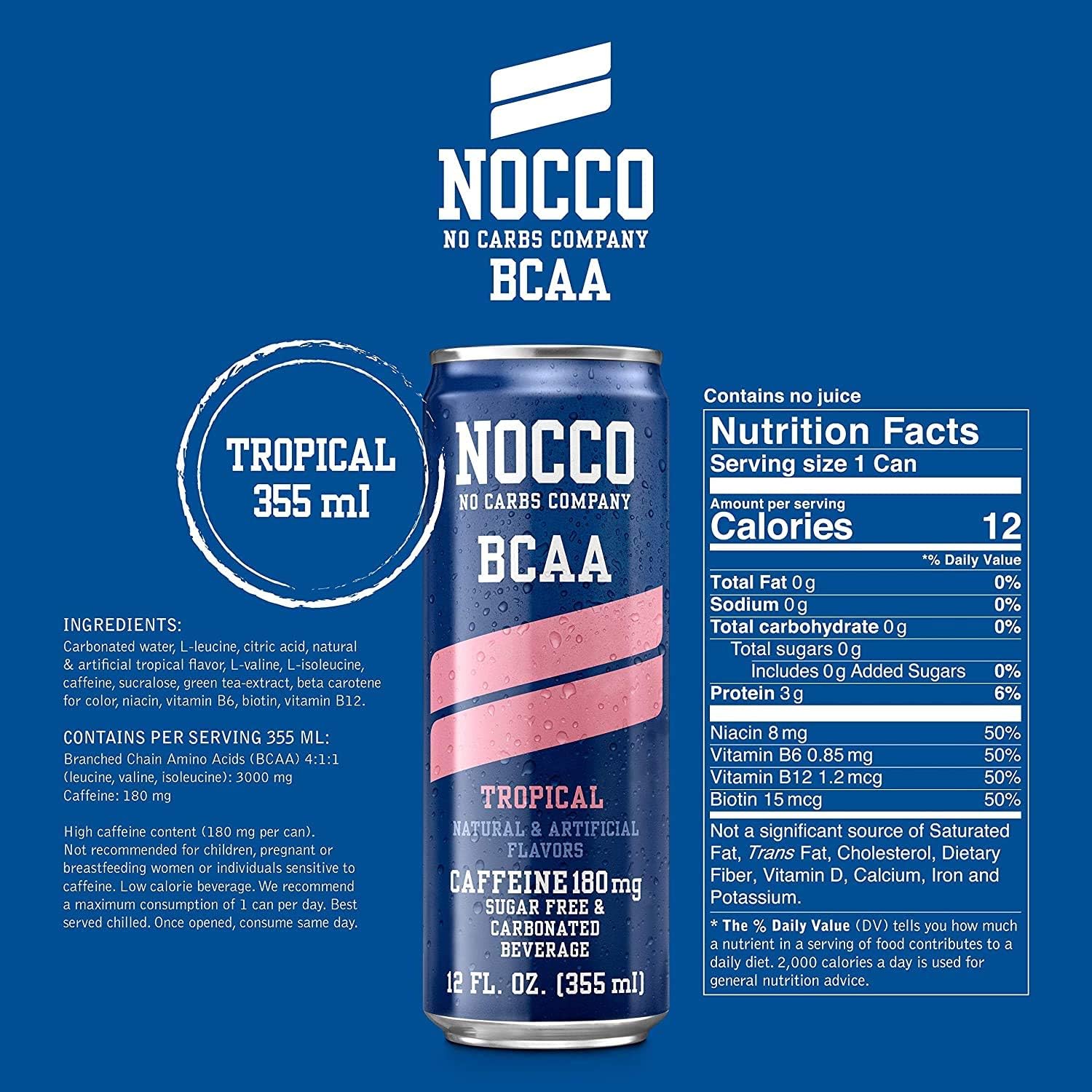 NOCCO BCAA Tropical | 12 x 330ml | Zero Sugar Functional Energy Drink ...