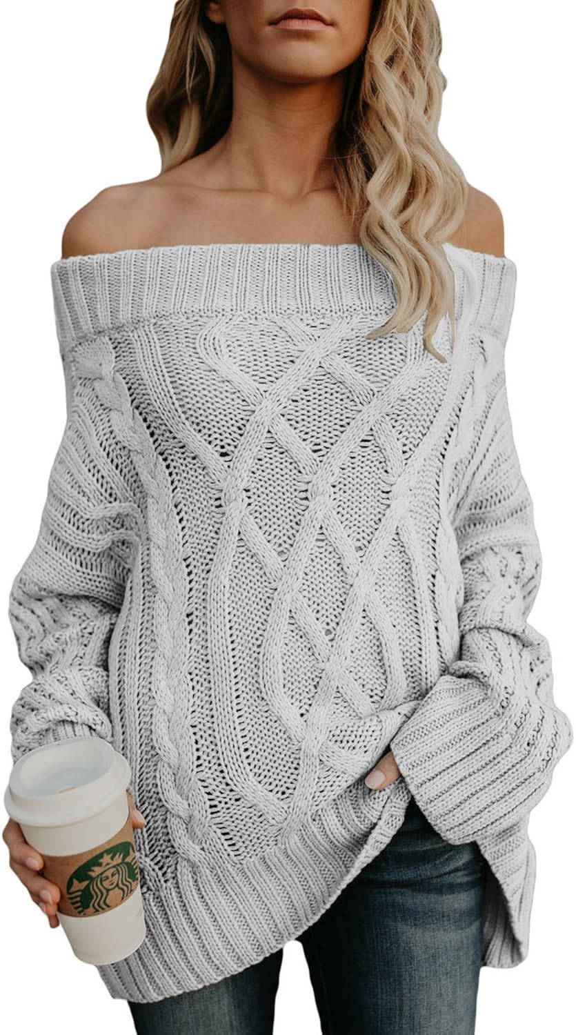 Amazon.com: ROSKIKI Womens Long Sleeve Sexy Open Shoulder Oversized ...