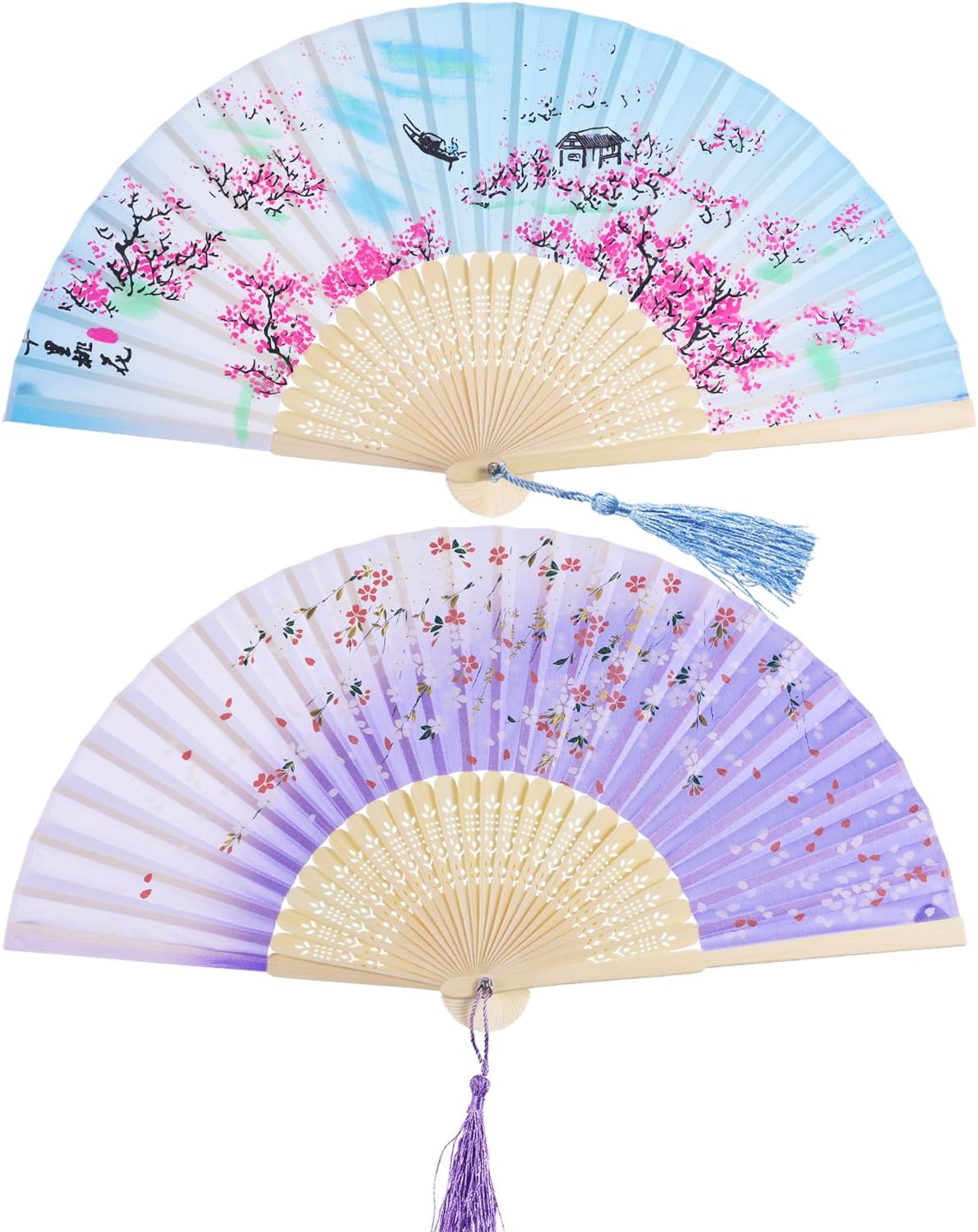 Amazon.com: 2 Pieces Folding Fans Handheld Fans Bamboo Fans with Tassel ...