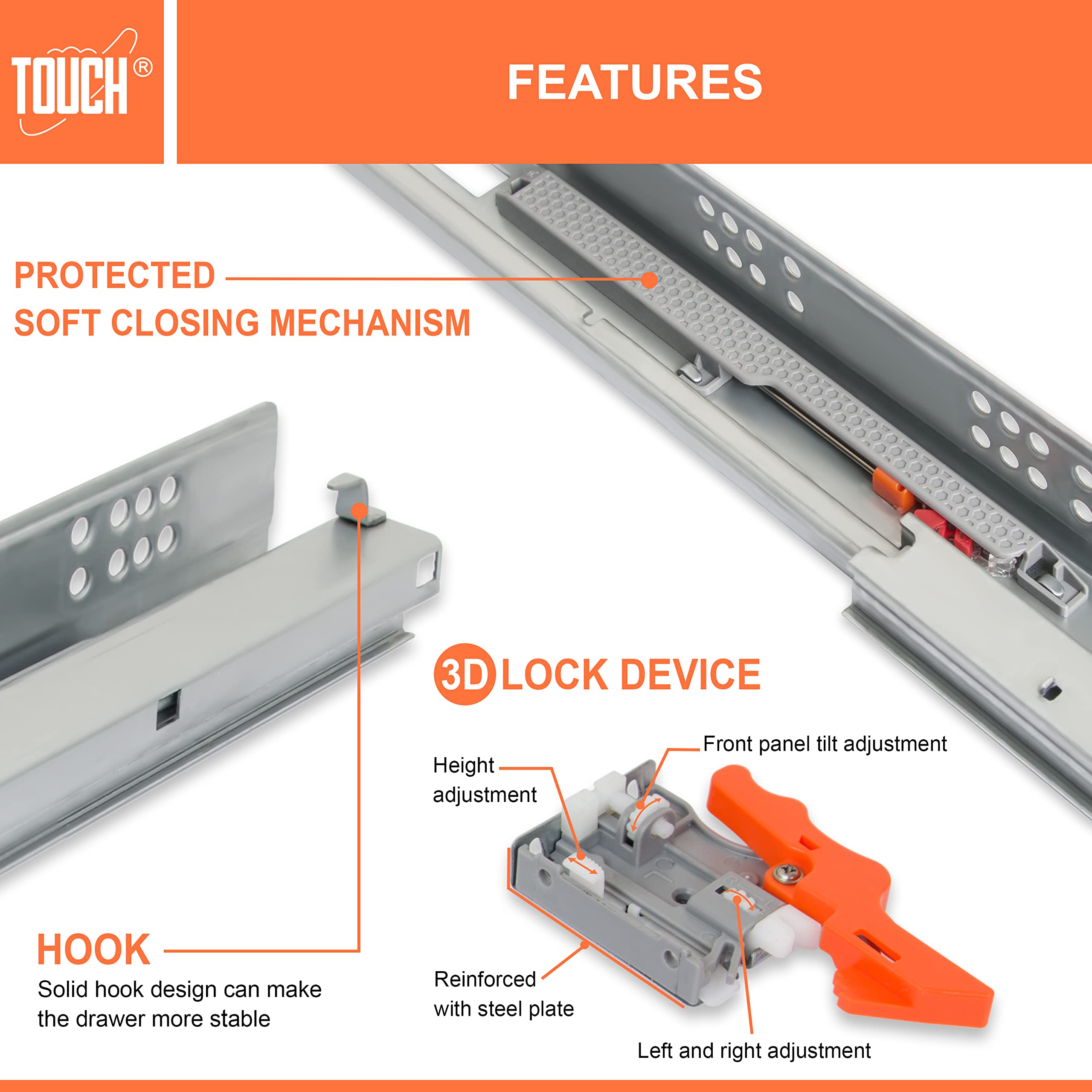 TOUCH Drawer Slide,3/4 INCH Under-Mount (1 Pair, 15 Inch 381mm ...