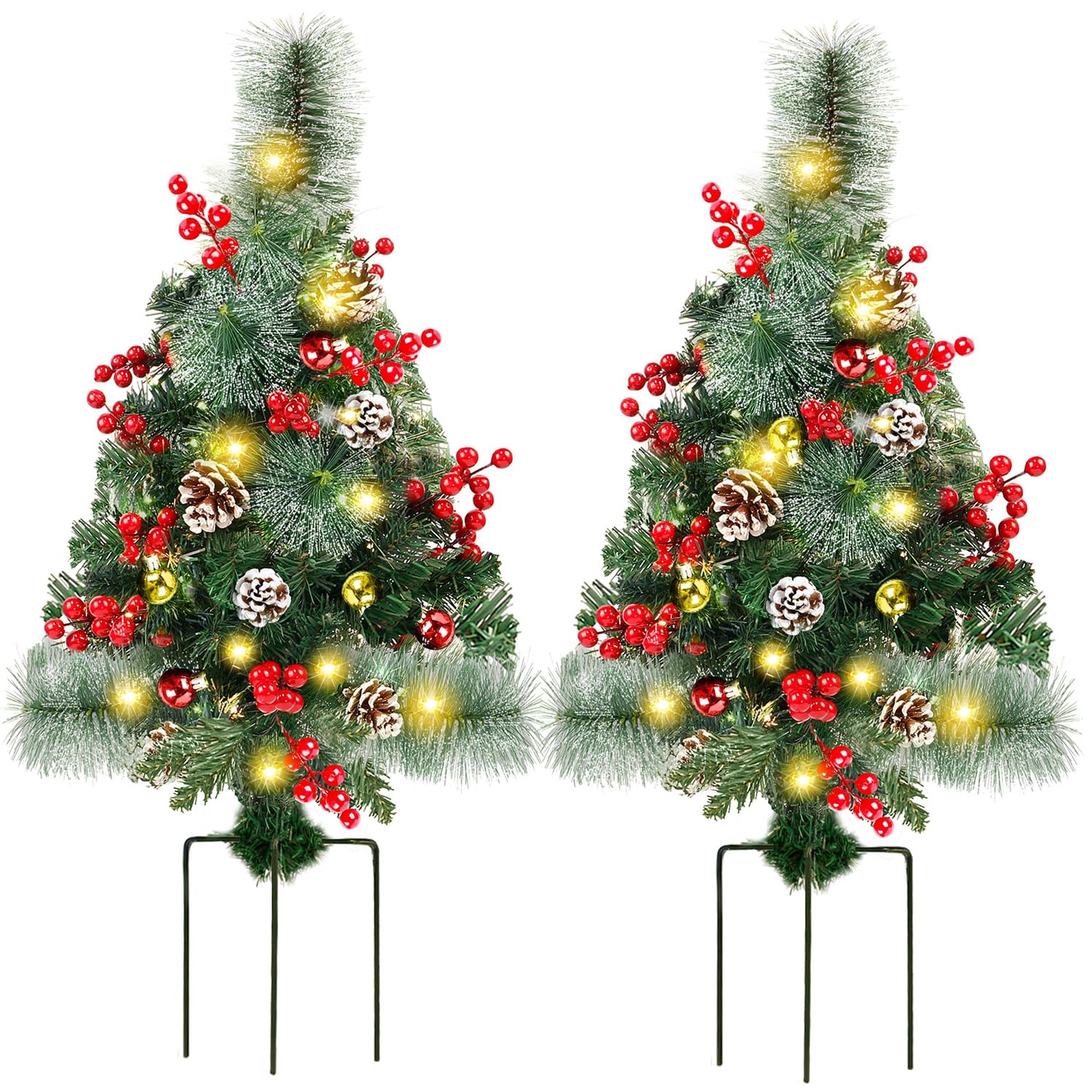 Juegoal 2 Pack 30 Inch Pre-Lit Pathway Christmas Trees, Artificial Christmas Urn Filler with 60 ...