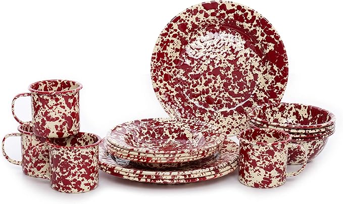 Amazon.com | Enamelware Starter Set, 16 piece, Burgundy/Cream Splatter ...