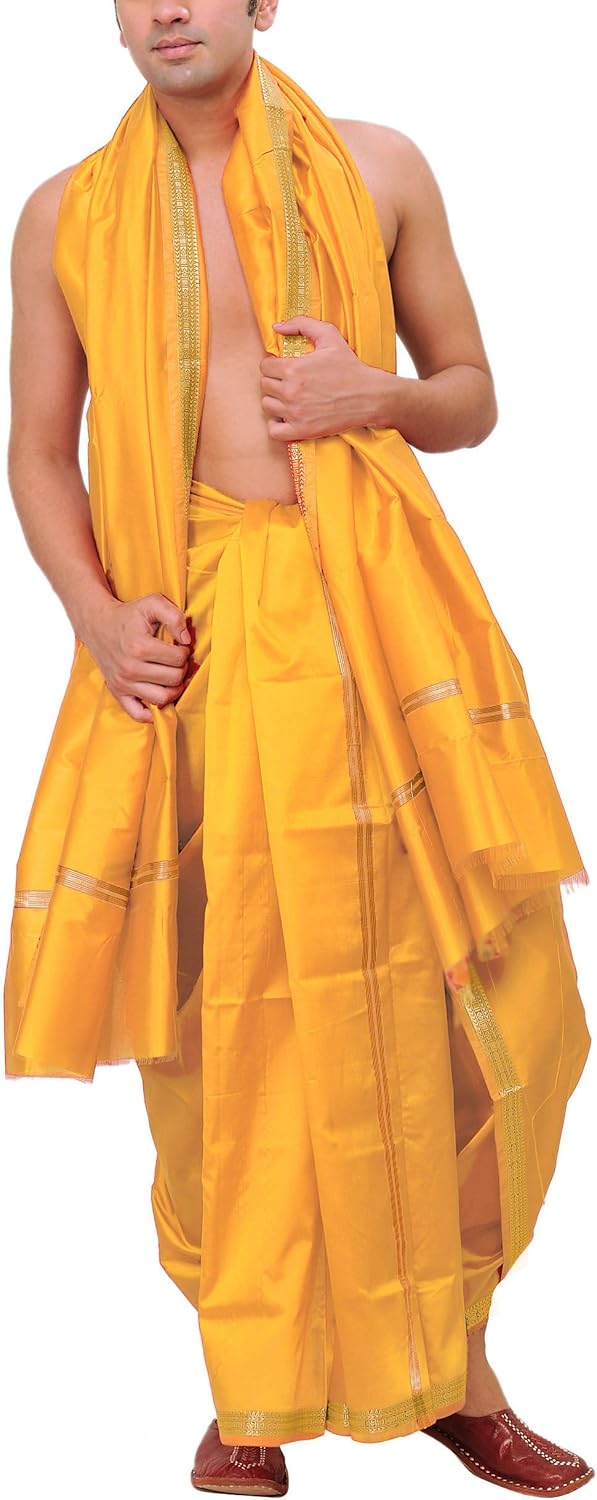 Exotic India Dhoti and Angavastram Set with Golden Woven Paisley on ...