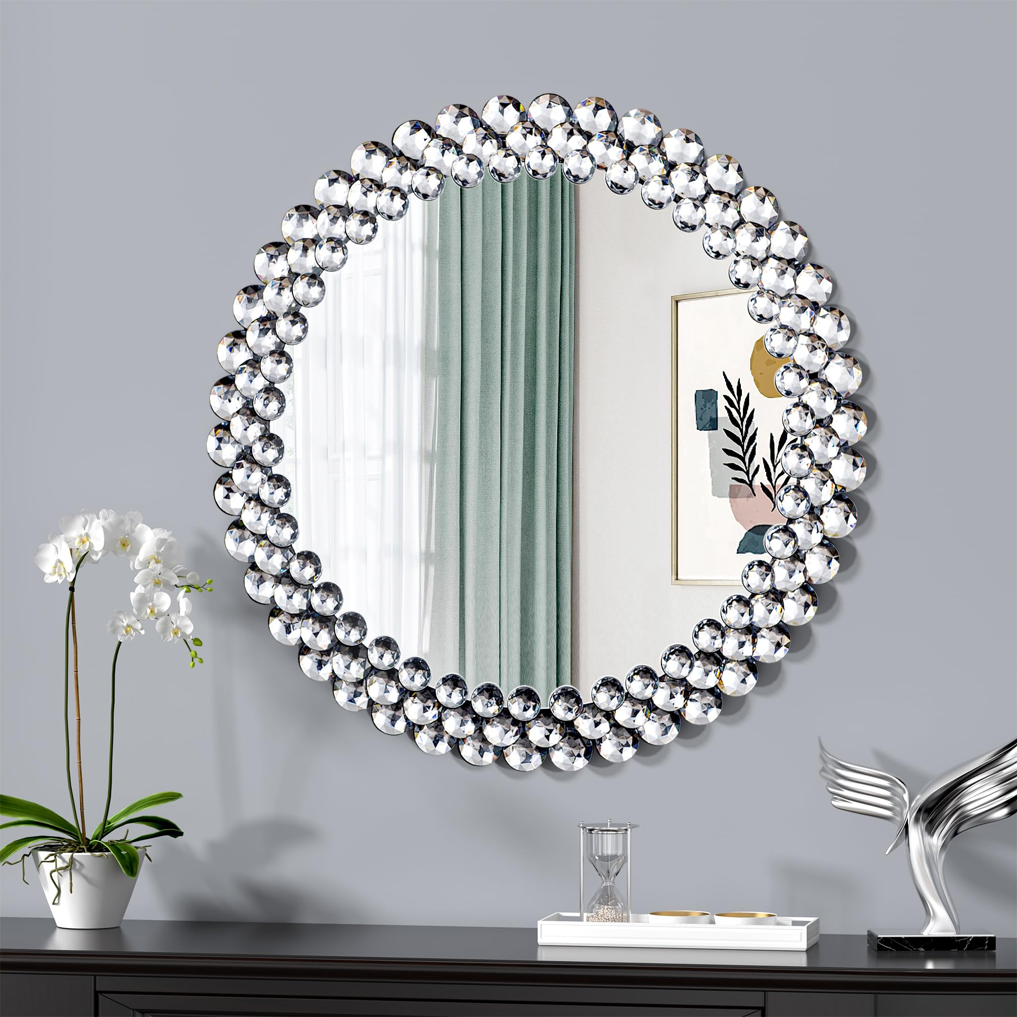 JACUKO Round Mirrors for Wall Decor Siver Round Mirror Crystal Circle ...