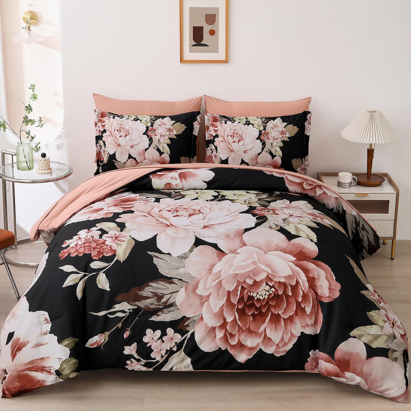 Dintszyayue Queen Comforter Set Black 7 Pieces Bed in a Bag, Pink ...