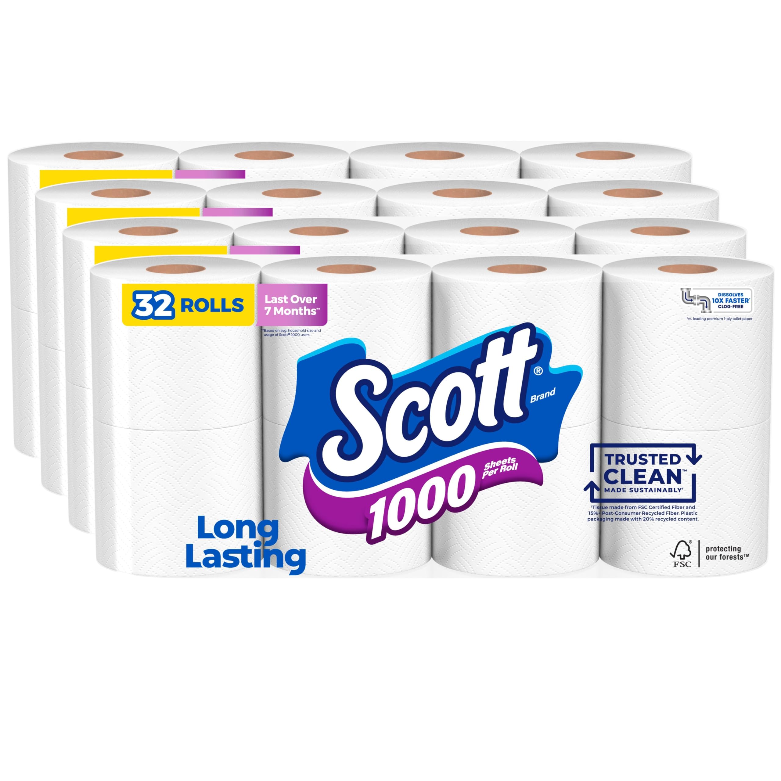 Scott 1000 Trusted Clean Toilet Paper, 32 Rolls, Septic-Safe, 1-Ply ...