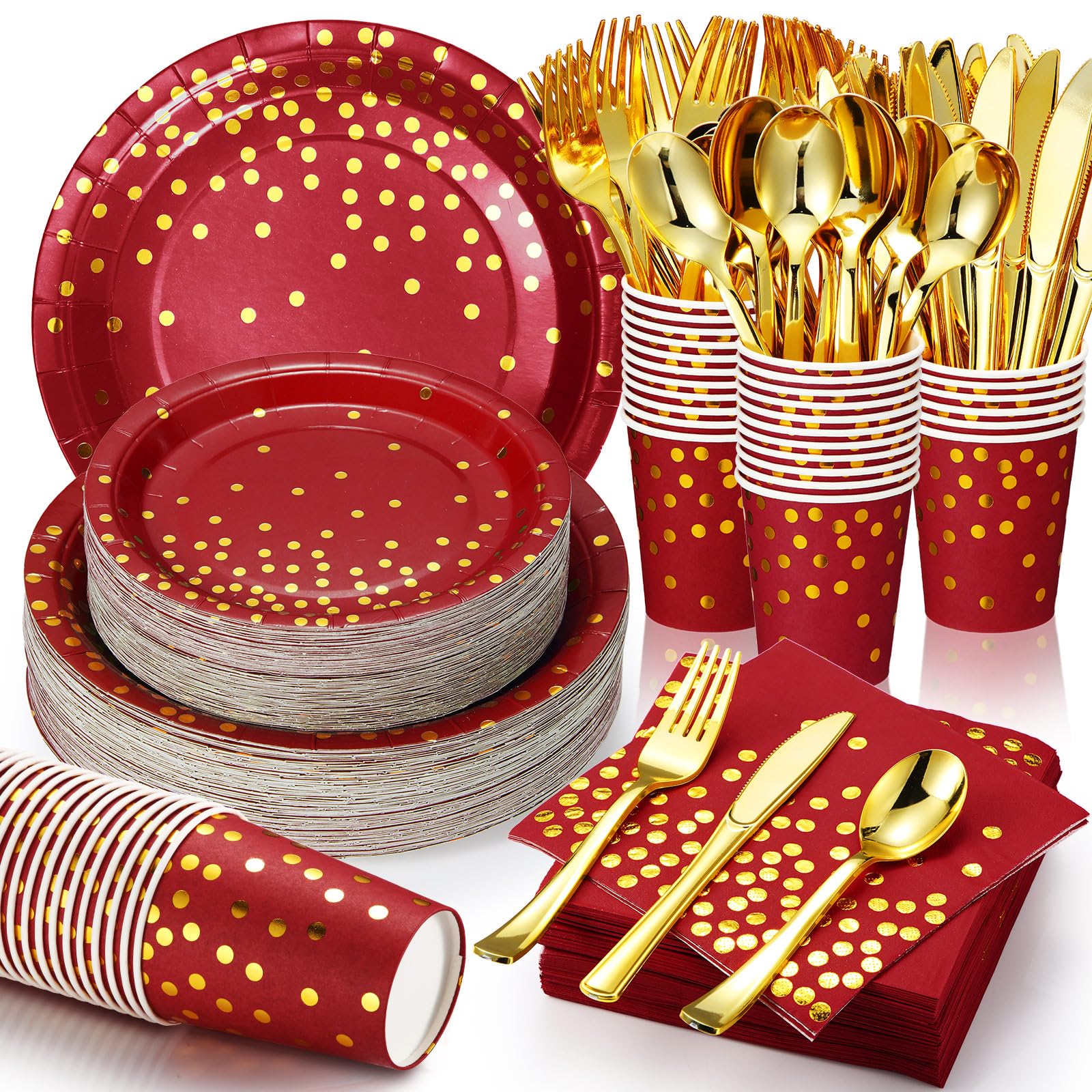 Sieral 560 Pcs Burgundy and Gold Party Supplies for 80 Guests Gold Dot ...