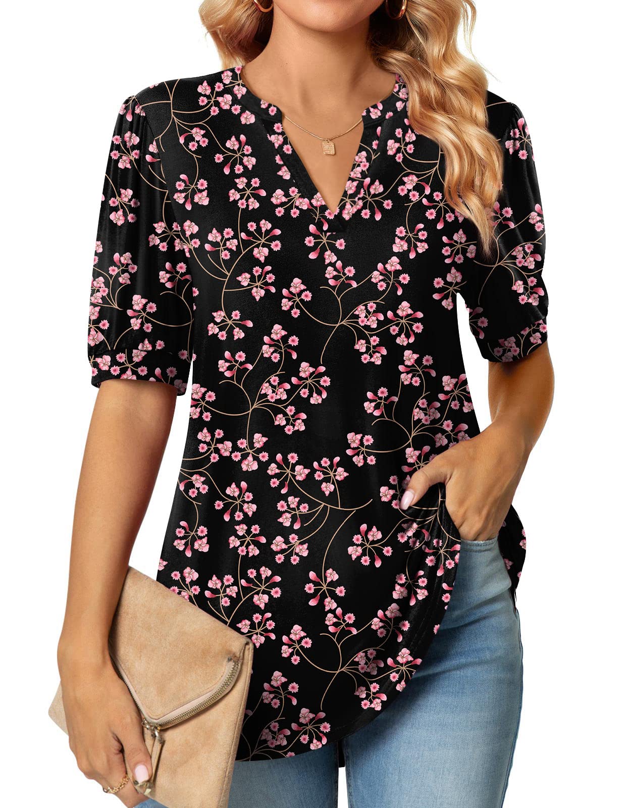 Anyally Womens Summer V-Neck T-Shirts Puff Short Sleeve Tops Plus Size ...