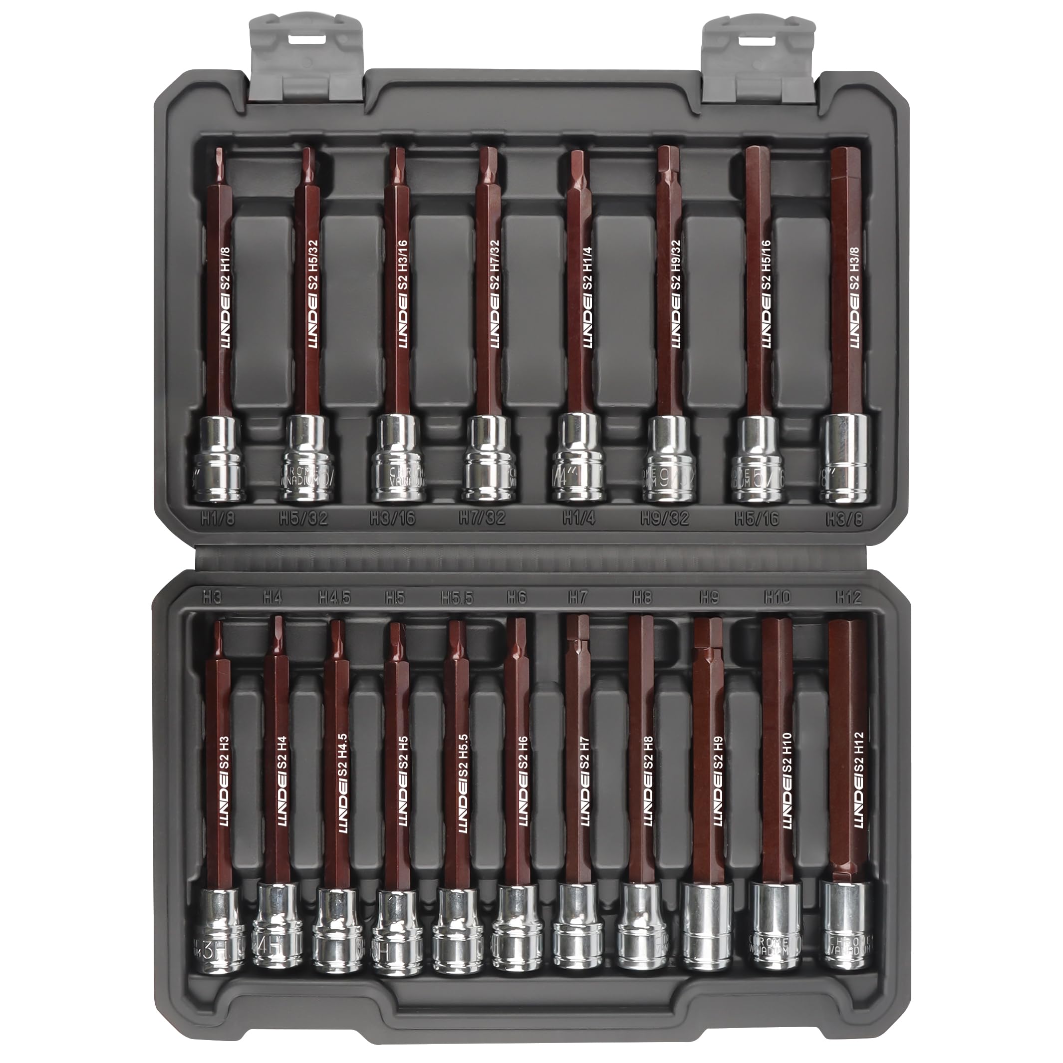 LLNDEI 3/8-Inch Drive Extra Long Allen Hex Bit Socket Set 19PCS- Standard SAE & Metric (1/8"-3/8 ...