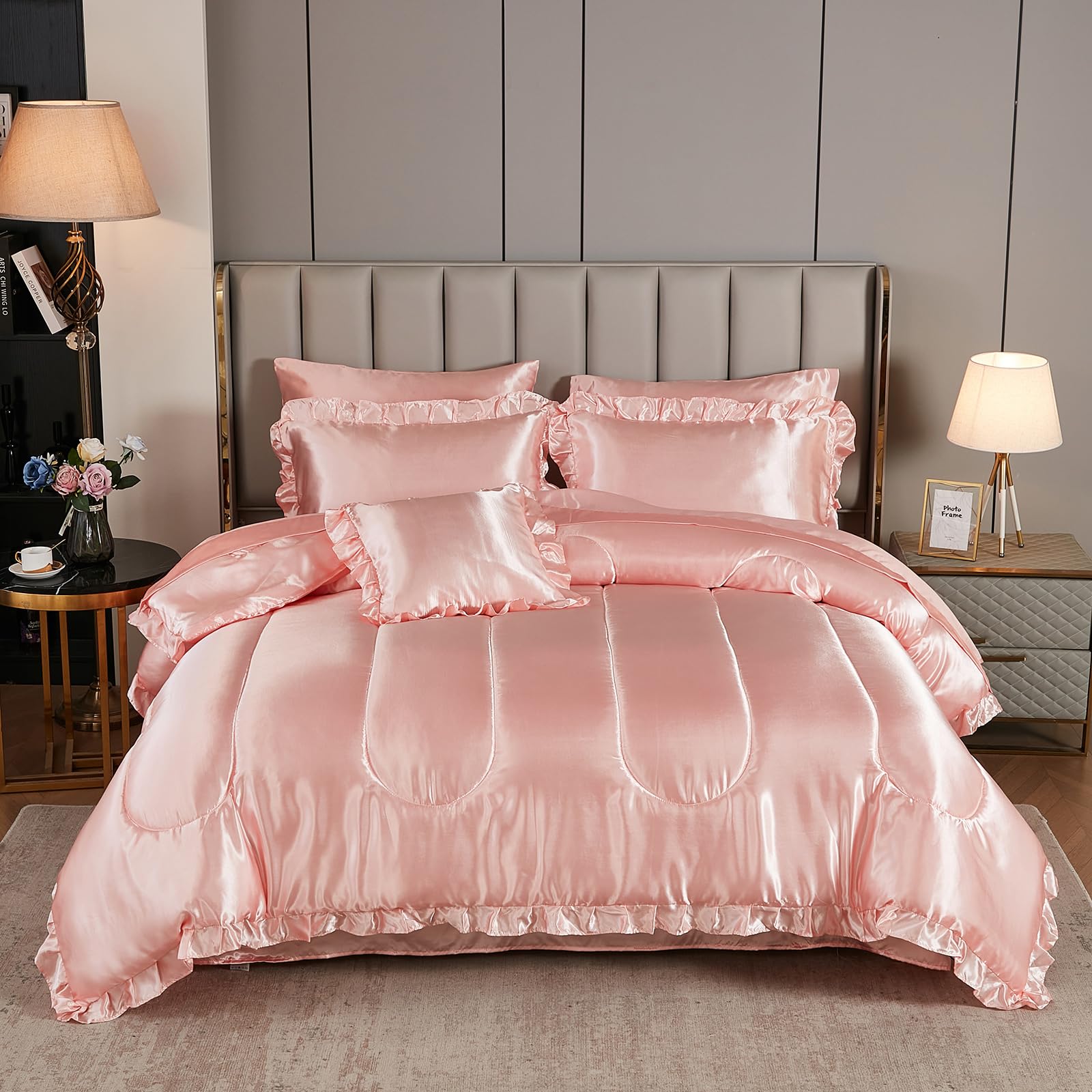 Satin Comforter Set with Sheet Set Queen 8 Pieces Silk Like Pink ...