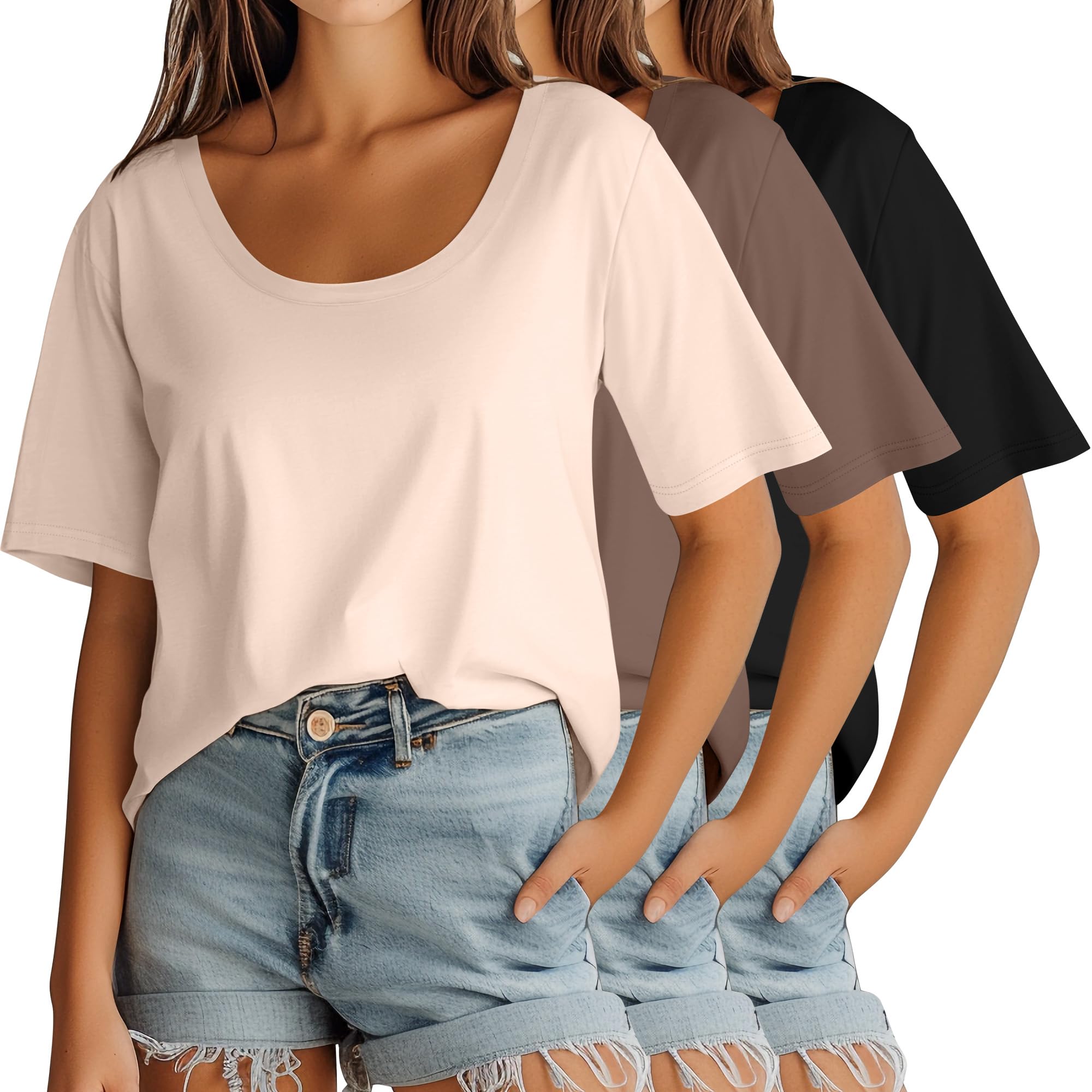 Ficerd 3 Pack Scoop Neck Elbow Length Half Sleeve Tops for Women, 1/2 ...