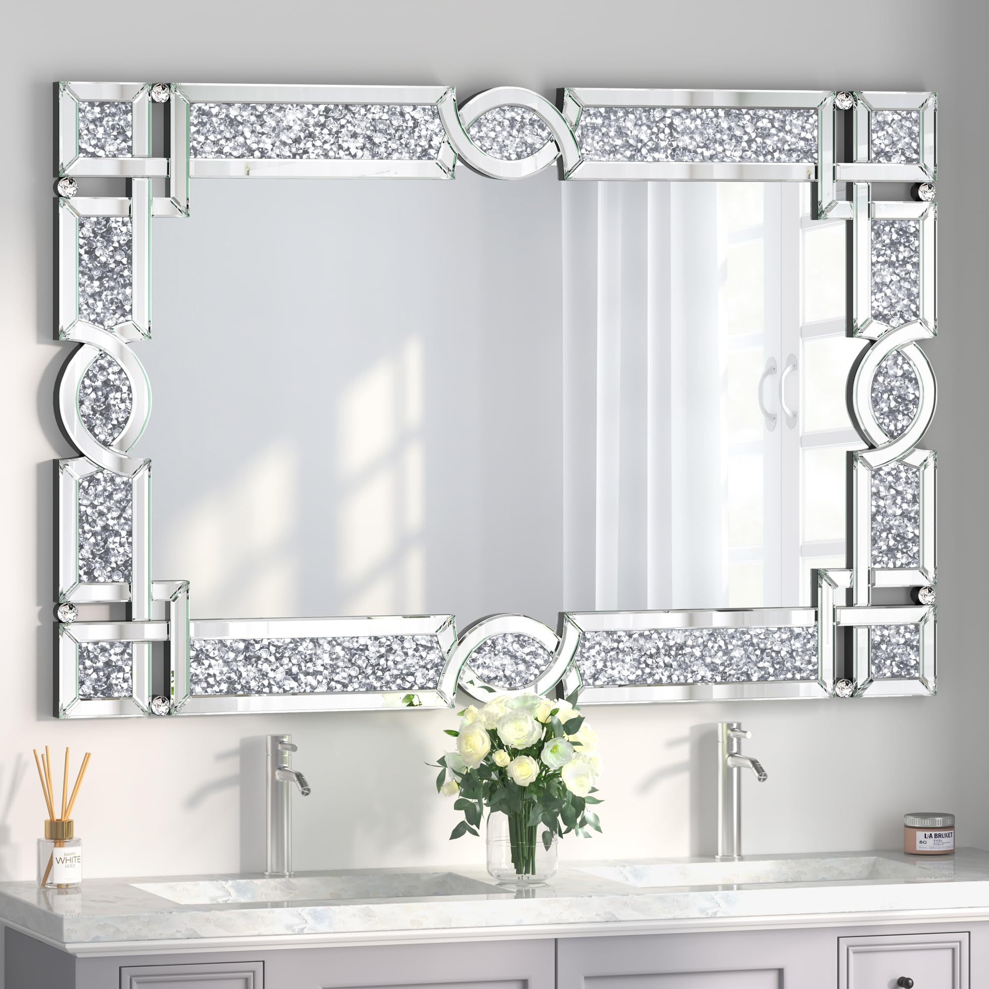 ENENE Crystal Crush Diamond Wall Mirror 46.5''x30.5'' Rectangle Silver ...