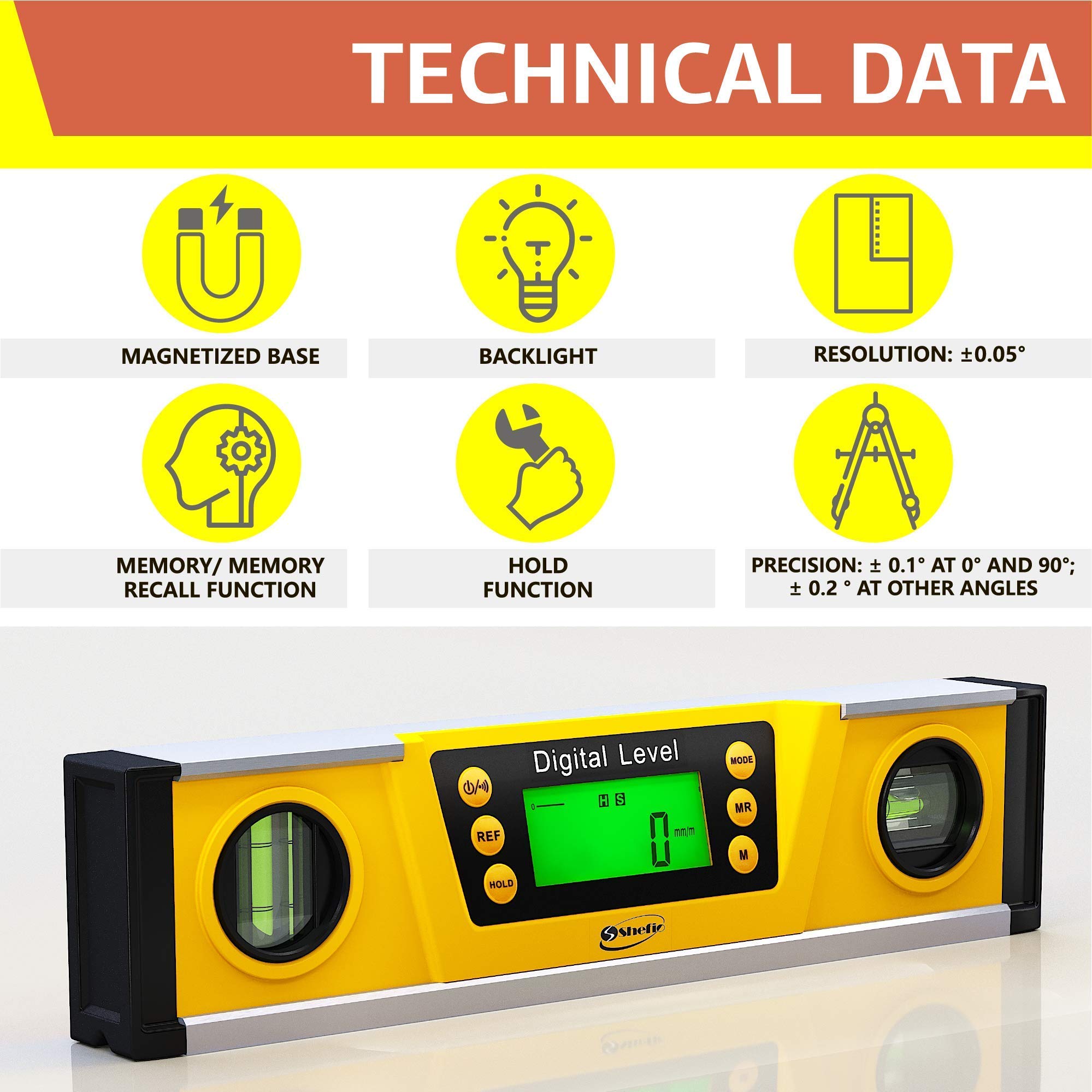 Shefio Digital Level - 10 Inch Torpedo Level And Protractor, Bright Lcd ...