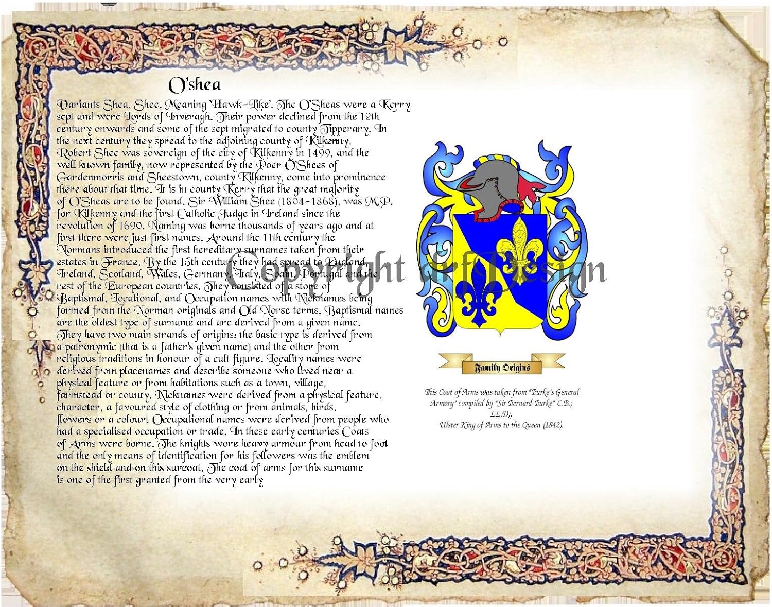 Amazon.com: O'shea Coat of Arms/ Family Crest on Fine Paper and Family ...