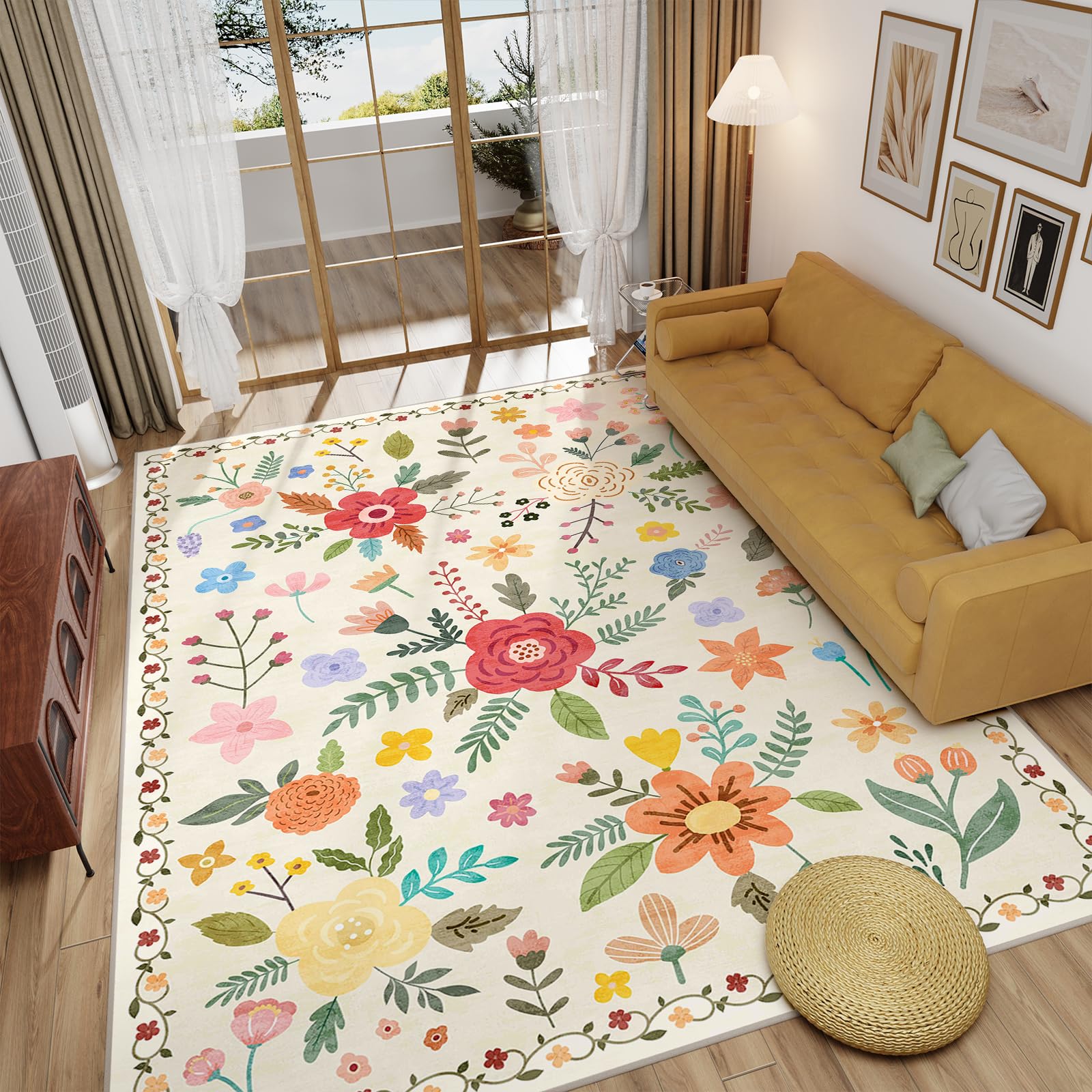 IKALIFE Machine Washable Area Rugs 5X7 - Washable Floral Rugs with Non ...