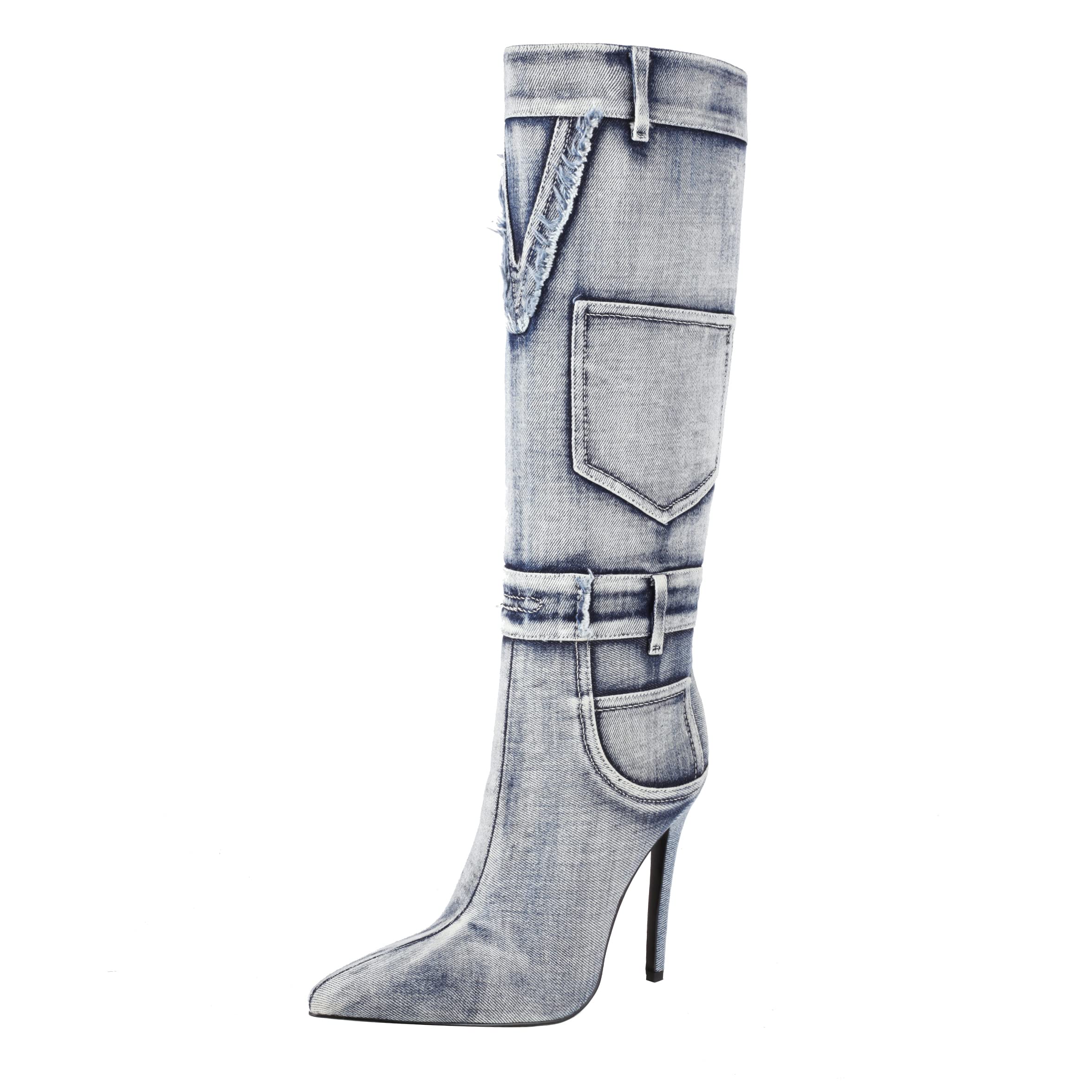 vivianly Women's Knee High Boots Denim Pointed Toe Stiletto Heel Long ...