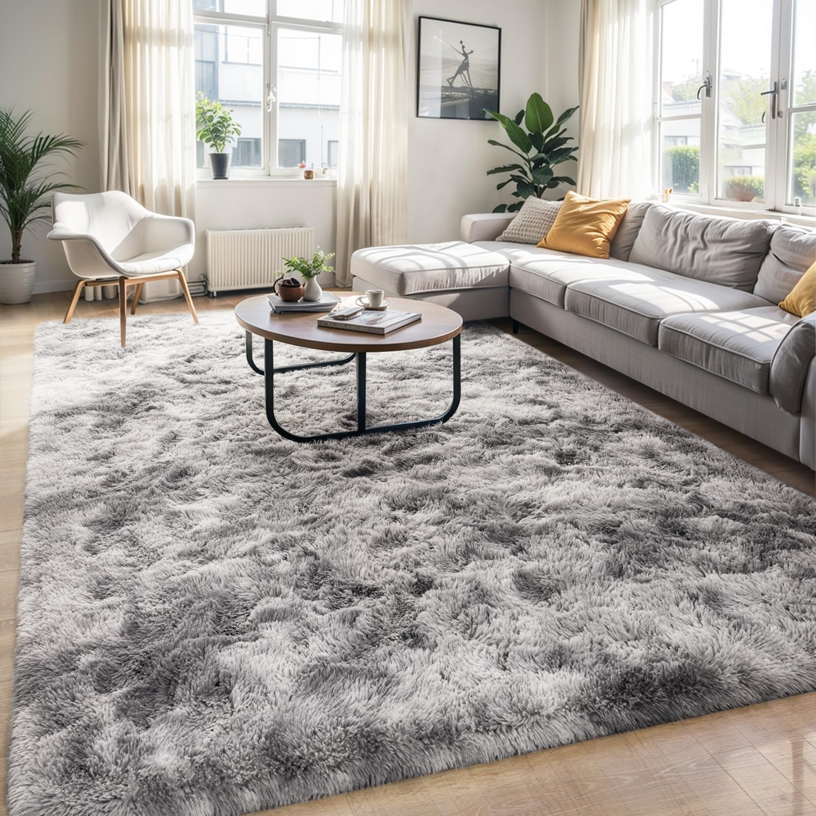 ULTSOFE 6x9 Fluffy Soft Living Room Bedroom Rug, Large Tie-Dyed Grey ...