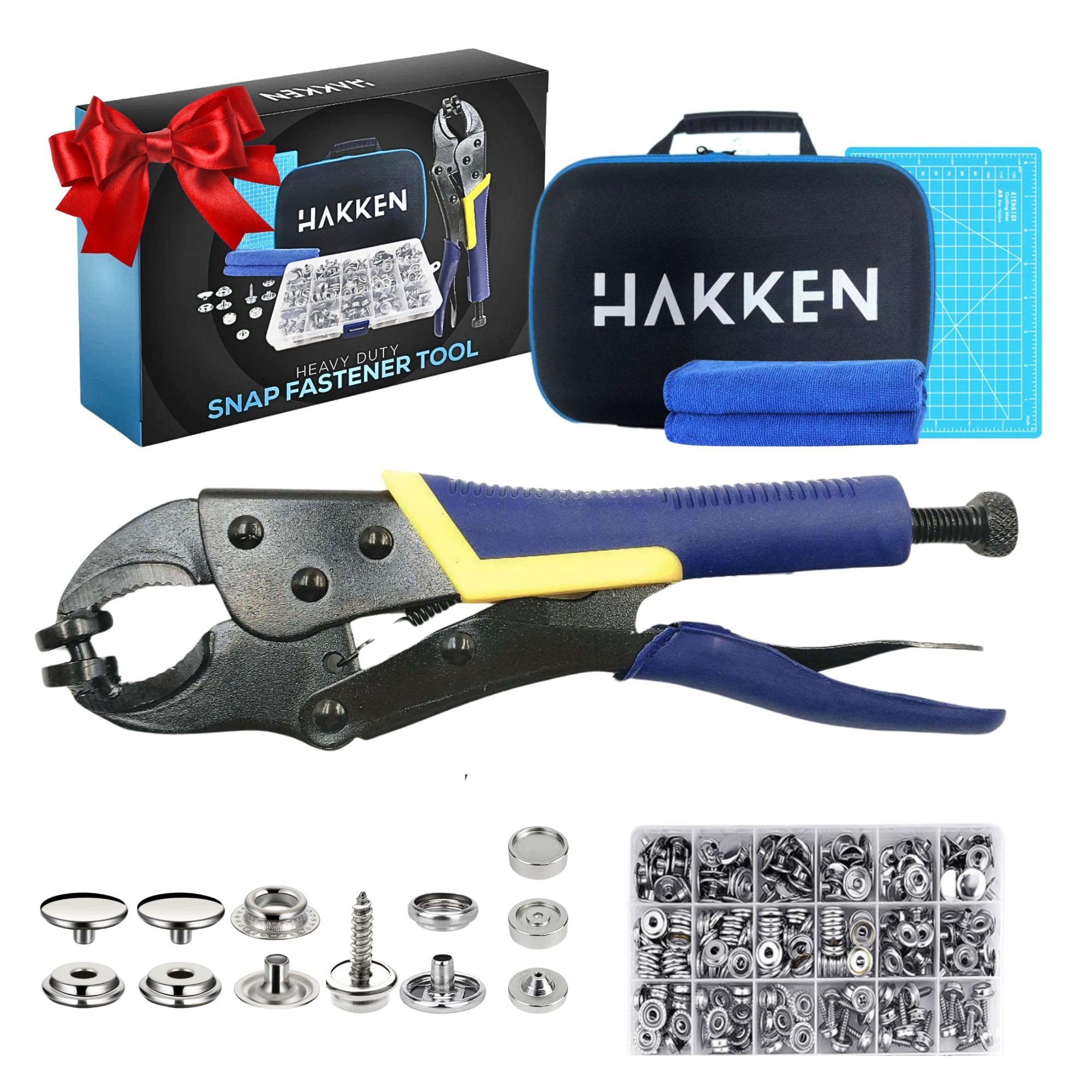 HAKKEN Heavy Duty Snap Fastener Tool Adjustable Snap Setter Tool with 3 Magnetic Dies and 210 ...