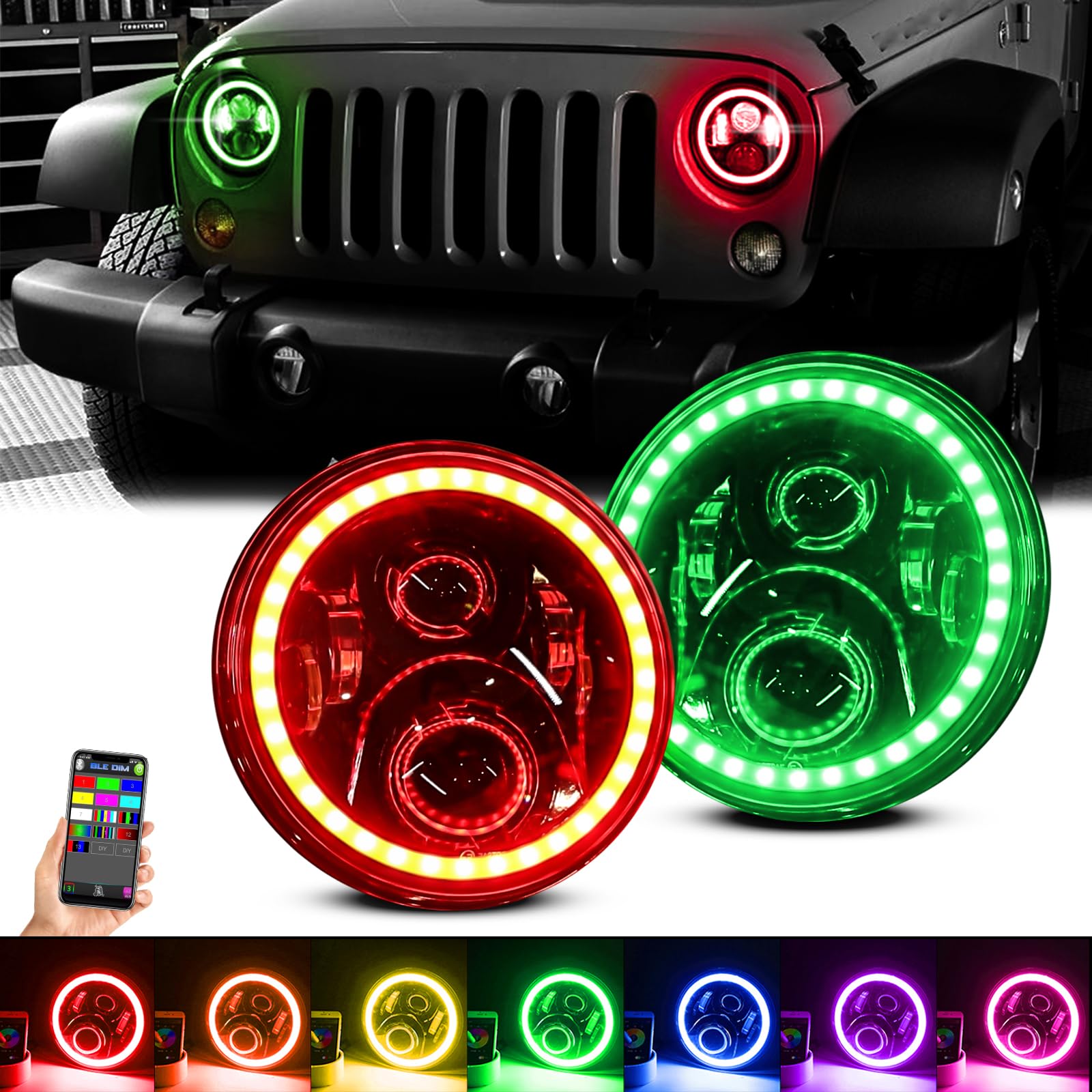 Mua 7 Inch LED Headlights Round Halo Headlight RGB Halo Angel Eye for ...
