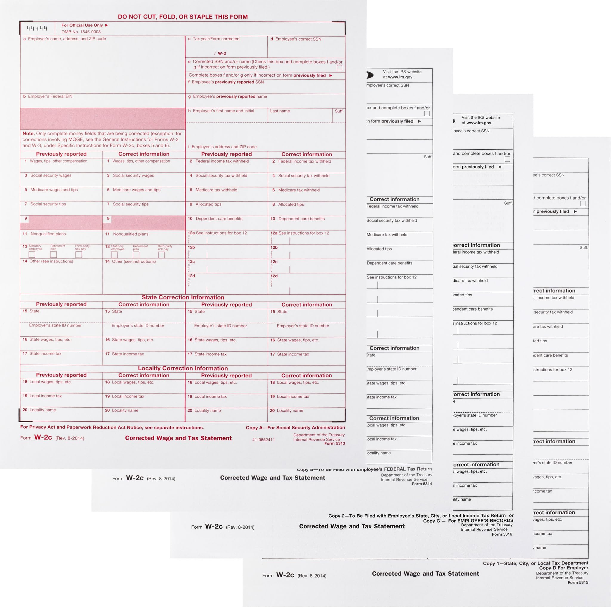 W-2C Tax Forms 4-Part Set, Corrected Wage and Tax Statement, 25 Pack ...