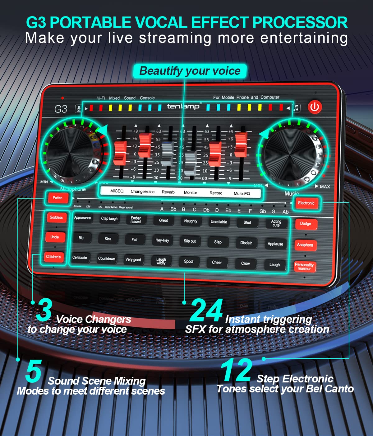 Mua Audio Mixer with Sound Card, Ten Lamp Portable Podcast Equipment ...