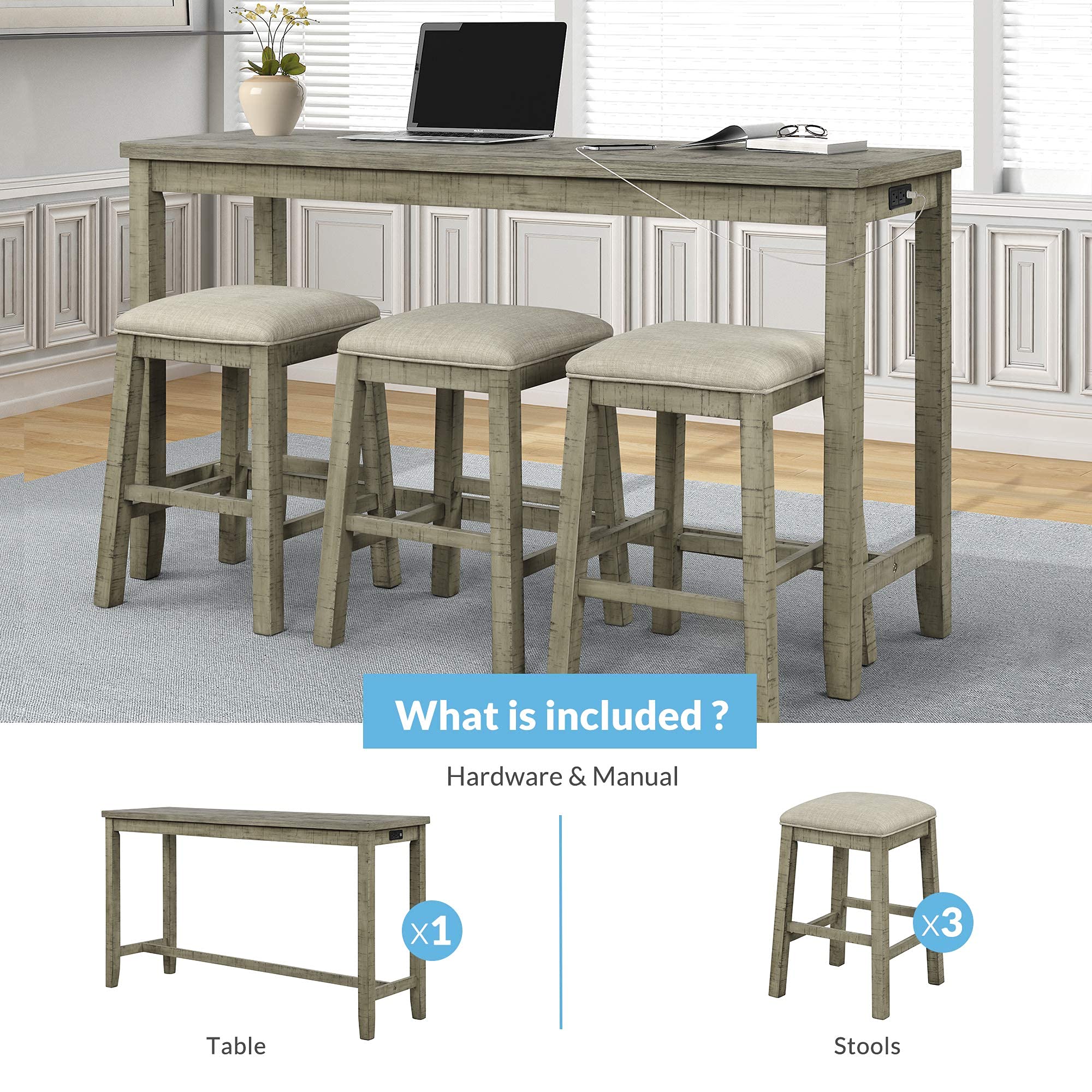 Merax 4-Piece Counter Height Bar Table Set With Socket And Fabric ...