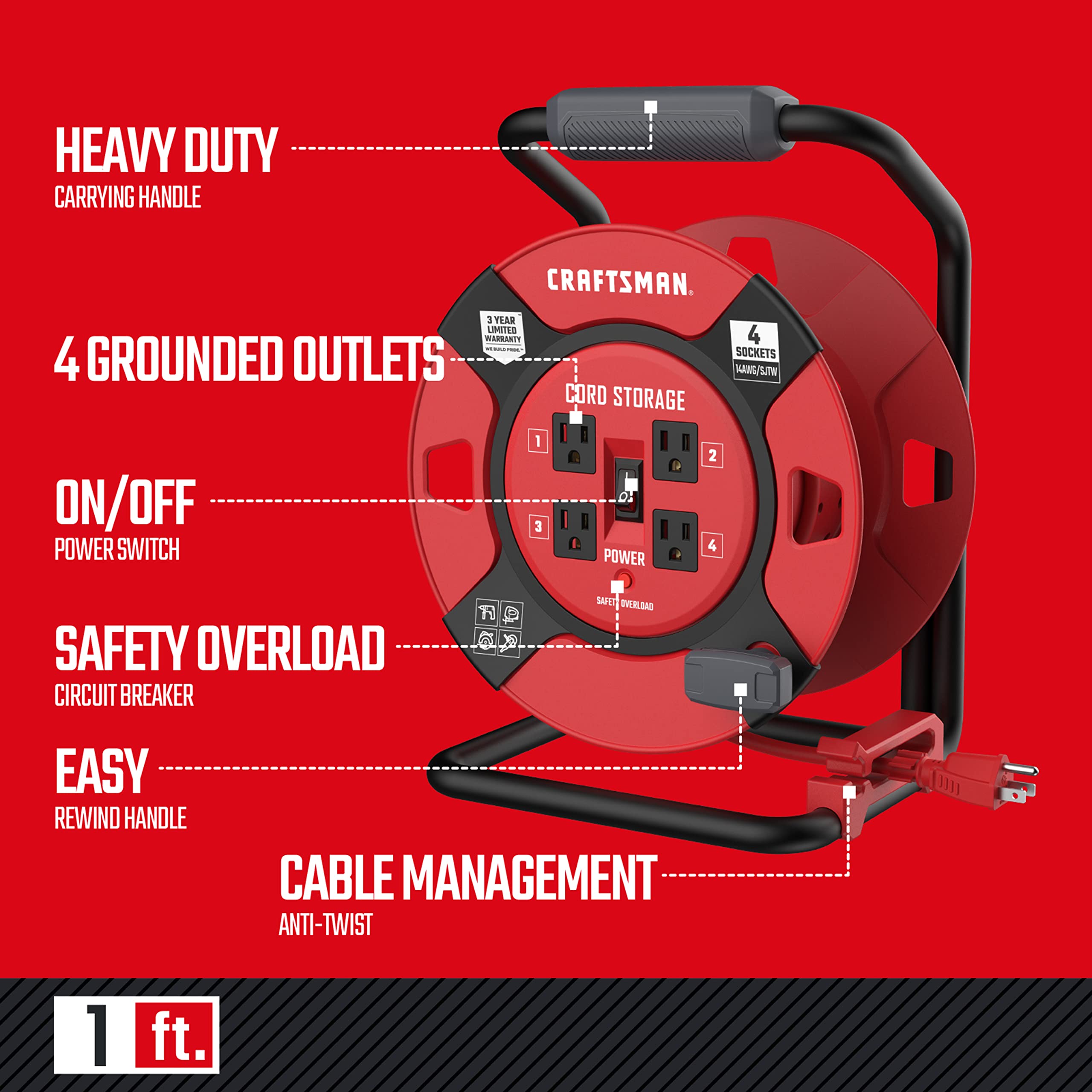 Mua CRAFTSMAN Retractable Extension Cord Reel 1 Ft. With 4 Outlets ...