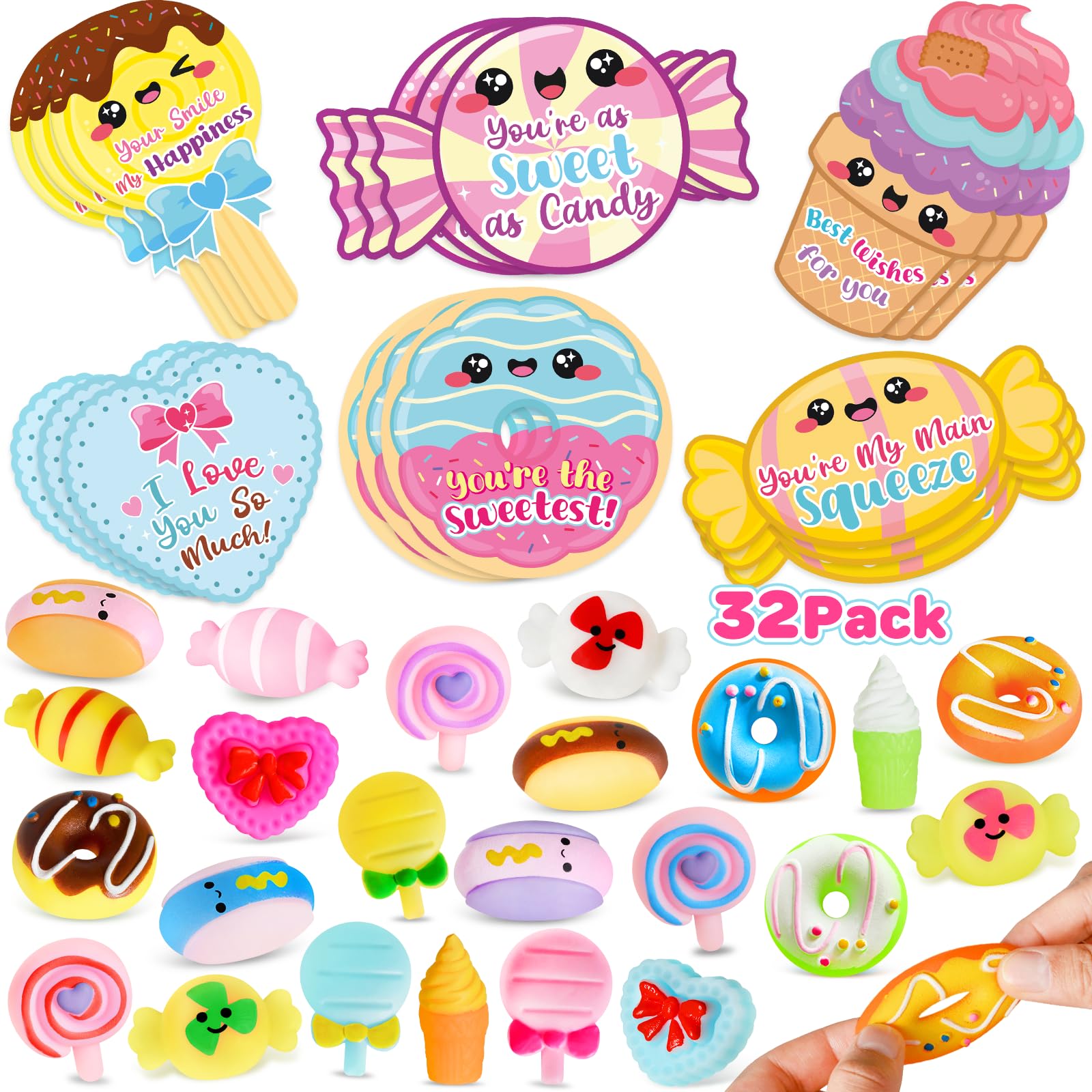 32 Packs Valentines Day Gifts for Kids with Candy Mochi Dessert Squishy ...