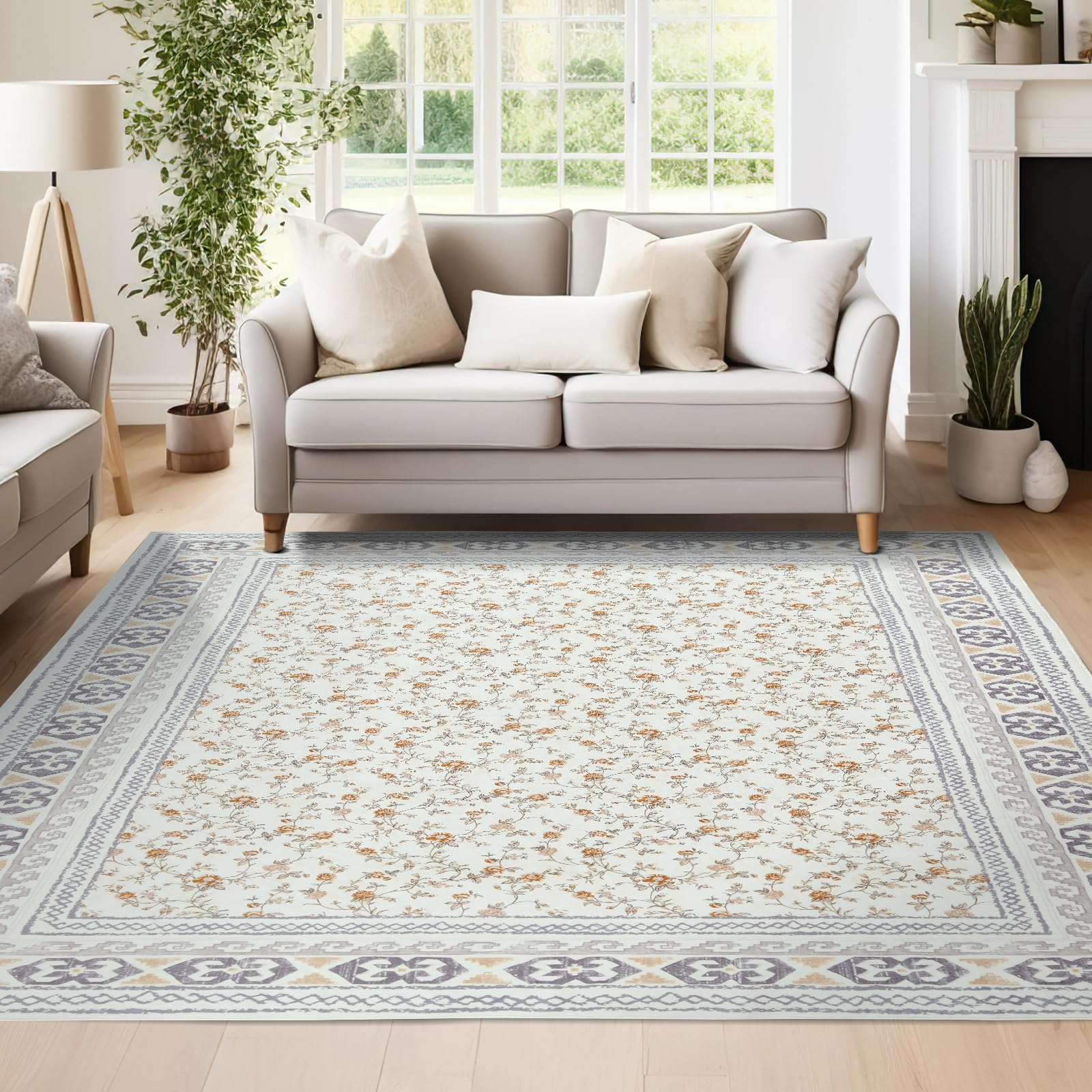 jinchan Area Rug 4x6 Washable Rug - Boho Vintage Floral Low Pile Thin ...