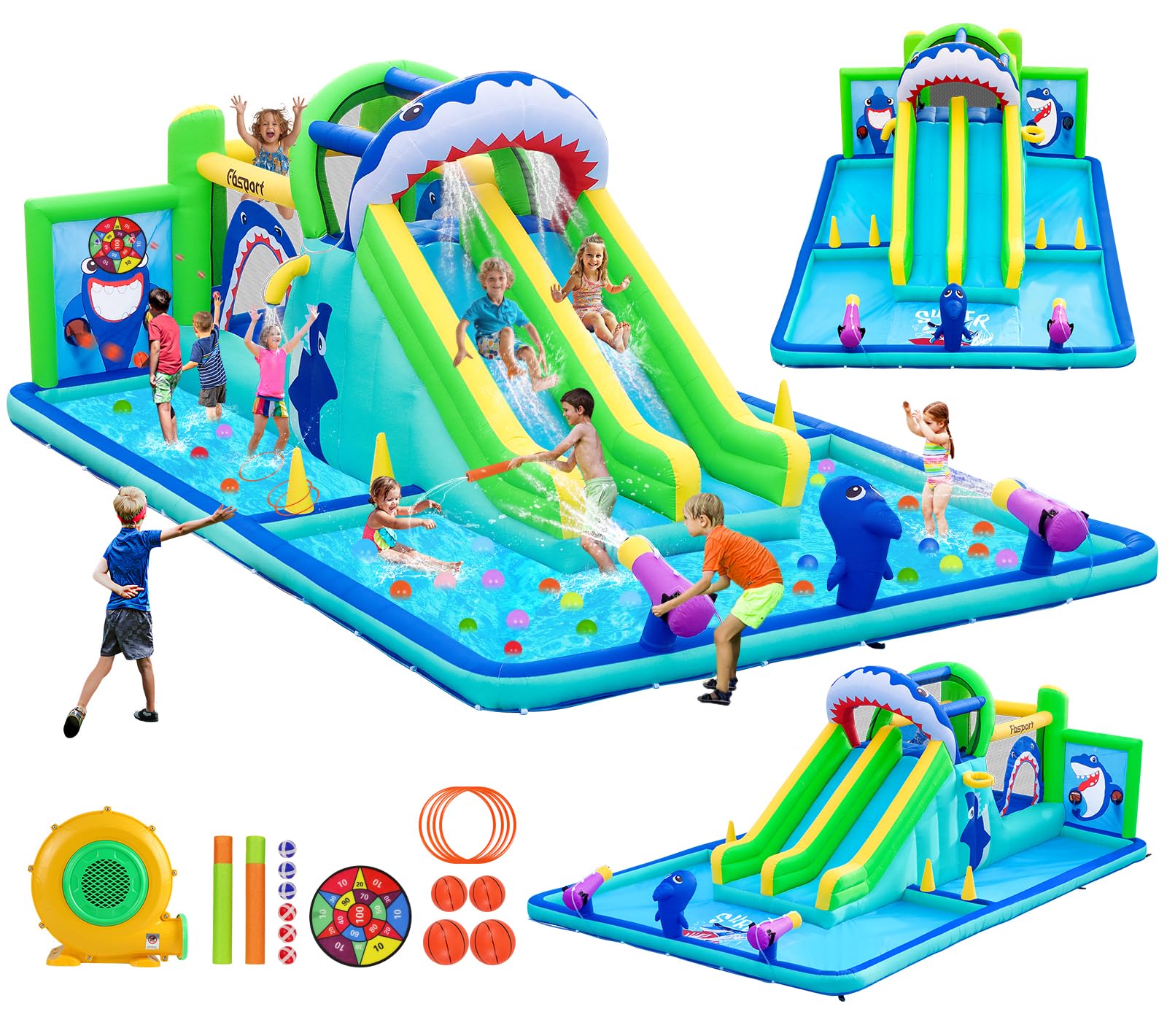 FBSPORT Inflatable Bounce House Water Slide Park, Double Slide Bouncer ...
