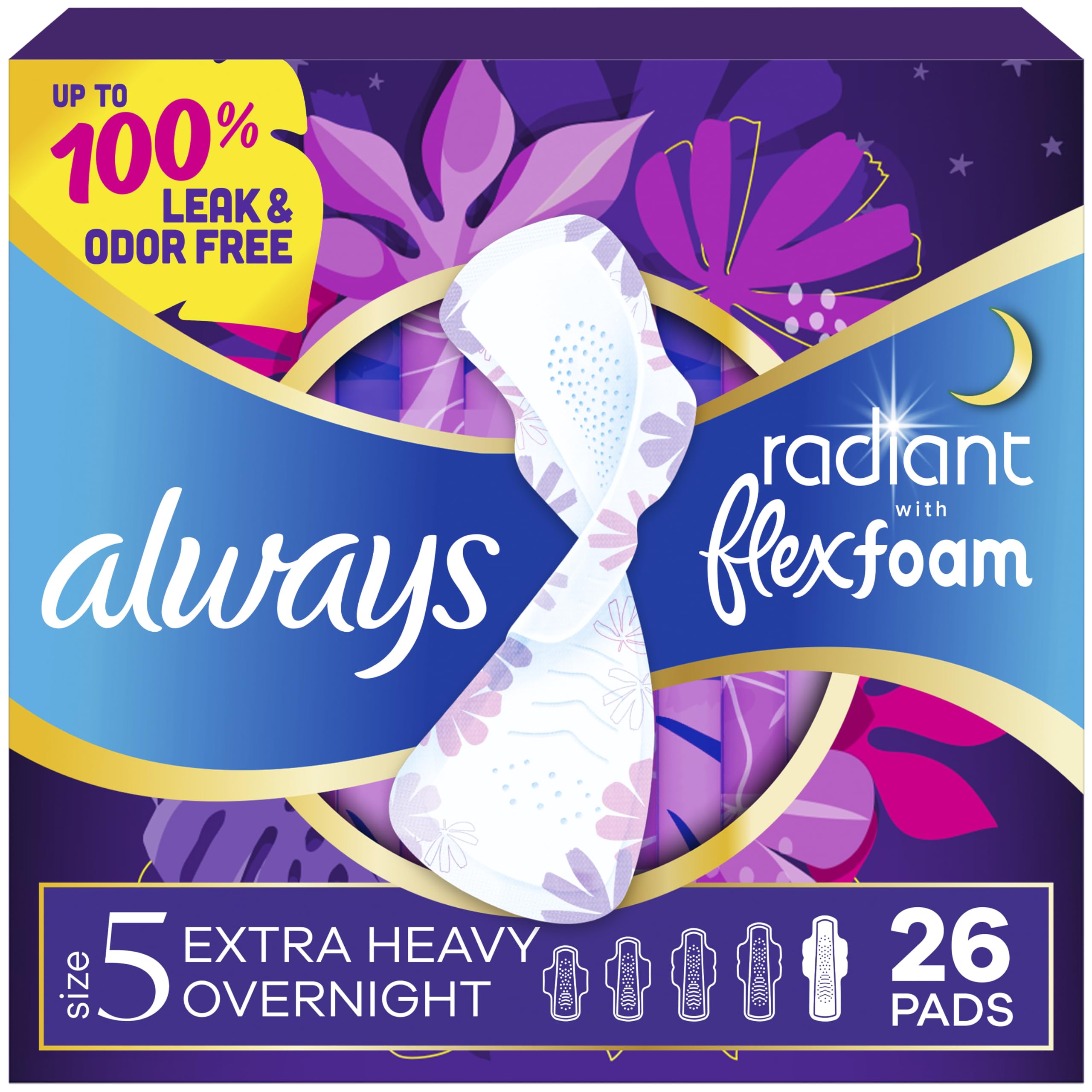 Always Radiant Feminine Pads for Women, Flexfoam Pads with Wings, Size ...