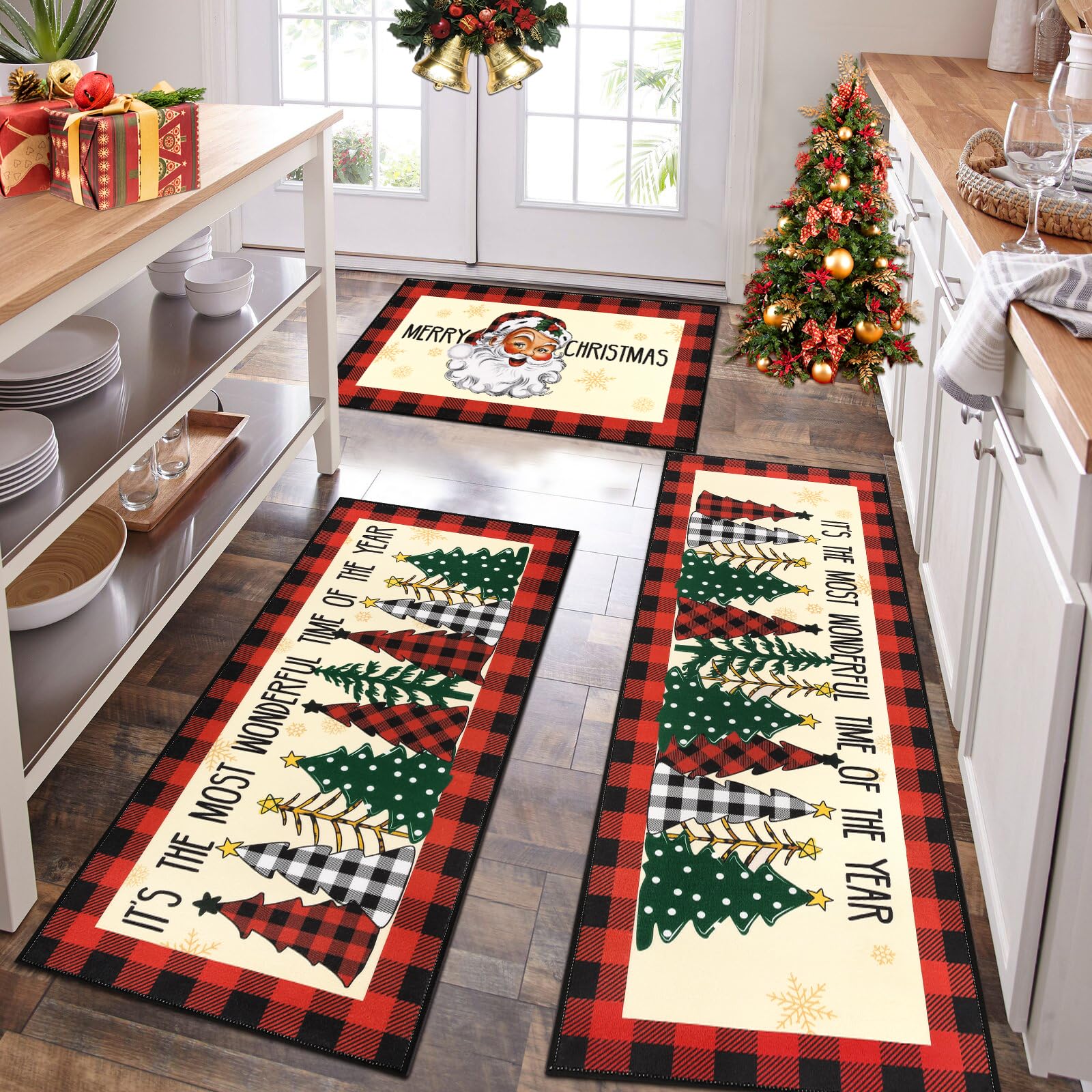 HEBE Christmas Kitchen Rugs Sets of 3 Non Slip Kitchen Rugs and Mats ...