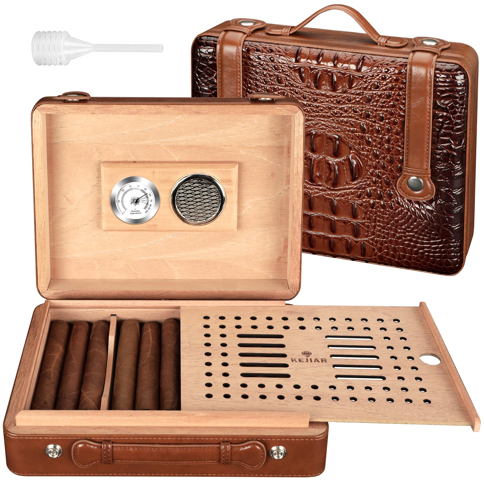 KEJIAR Cigar Humidor Case, Leather Cedar Wood Humidor Cigar Box with ...