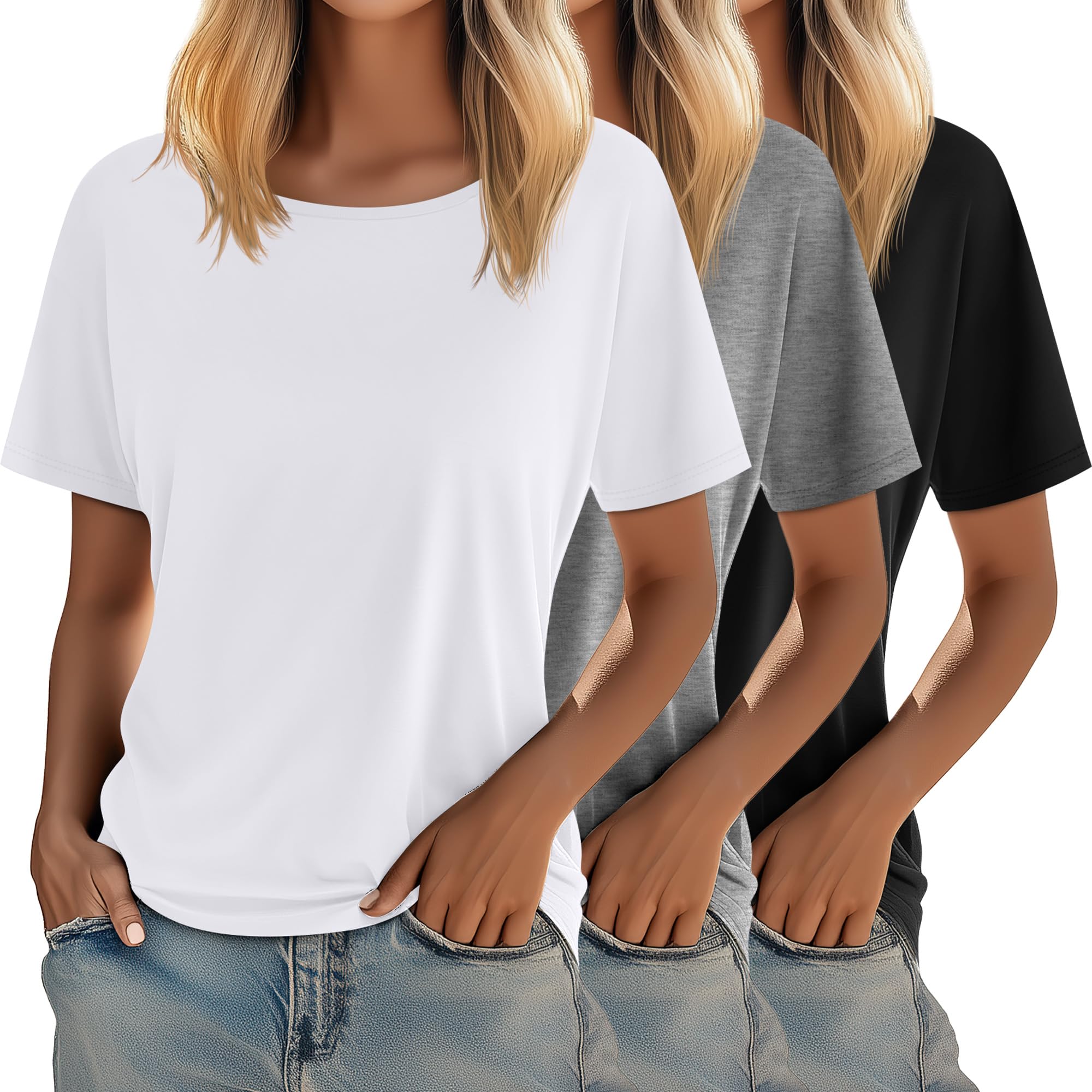Riyiper 3 Pack Women's Crewneck Tshirts, Casual Summer Loose Tees Basic ...