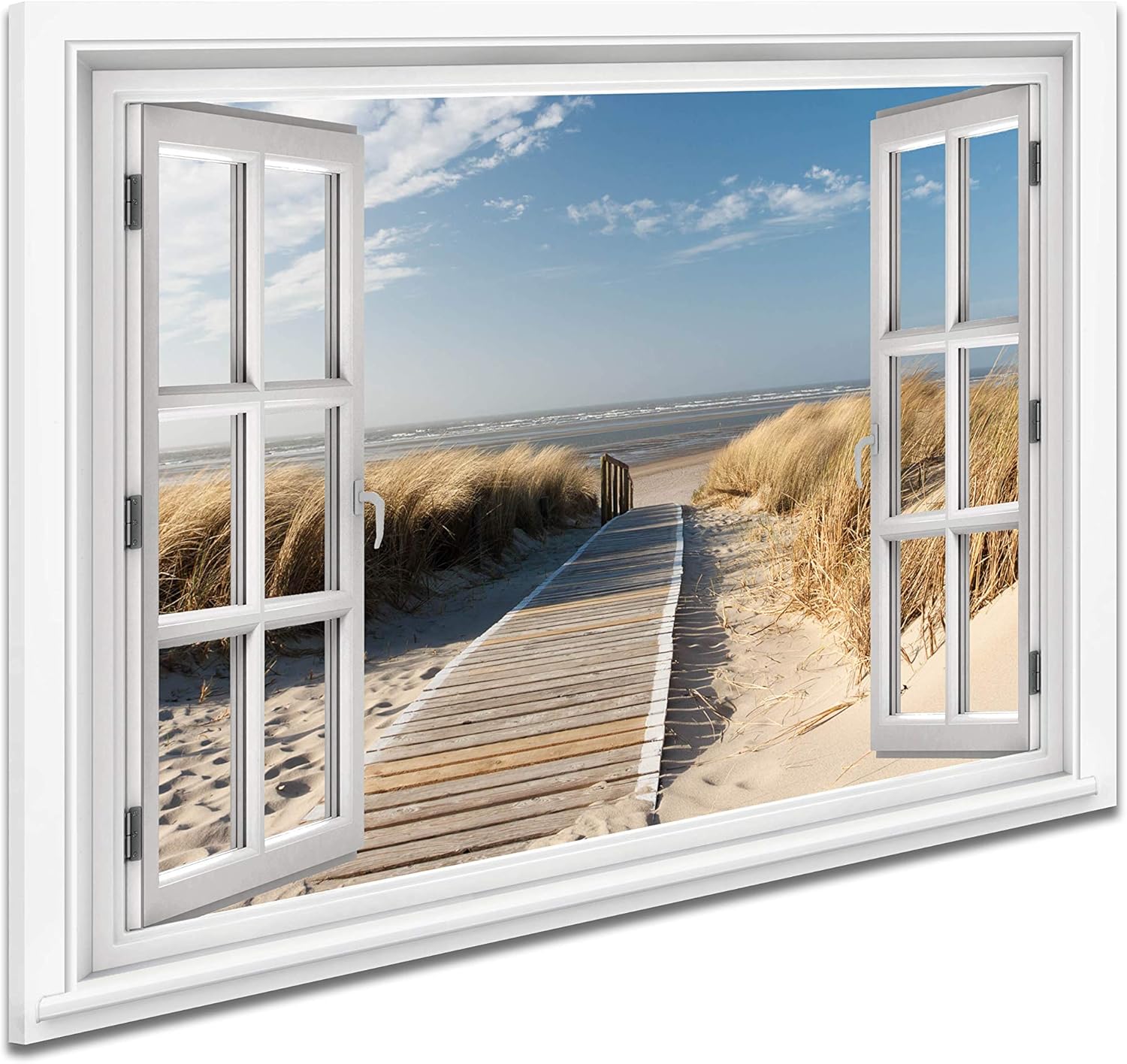 Ayra- Leinwandbild Wandbild Fensterblick Keilrahmenbild Strand Nordsee Meer- fertig gerahmt ...