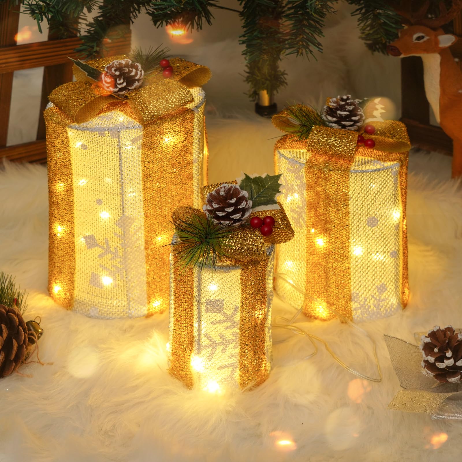 Set of 3 Christmas Lighted Gift Boxes, 60 LED Light Up Round Snowflake ...