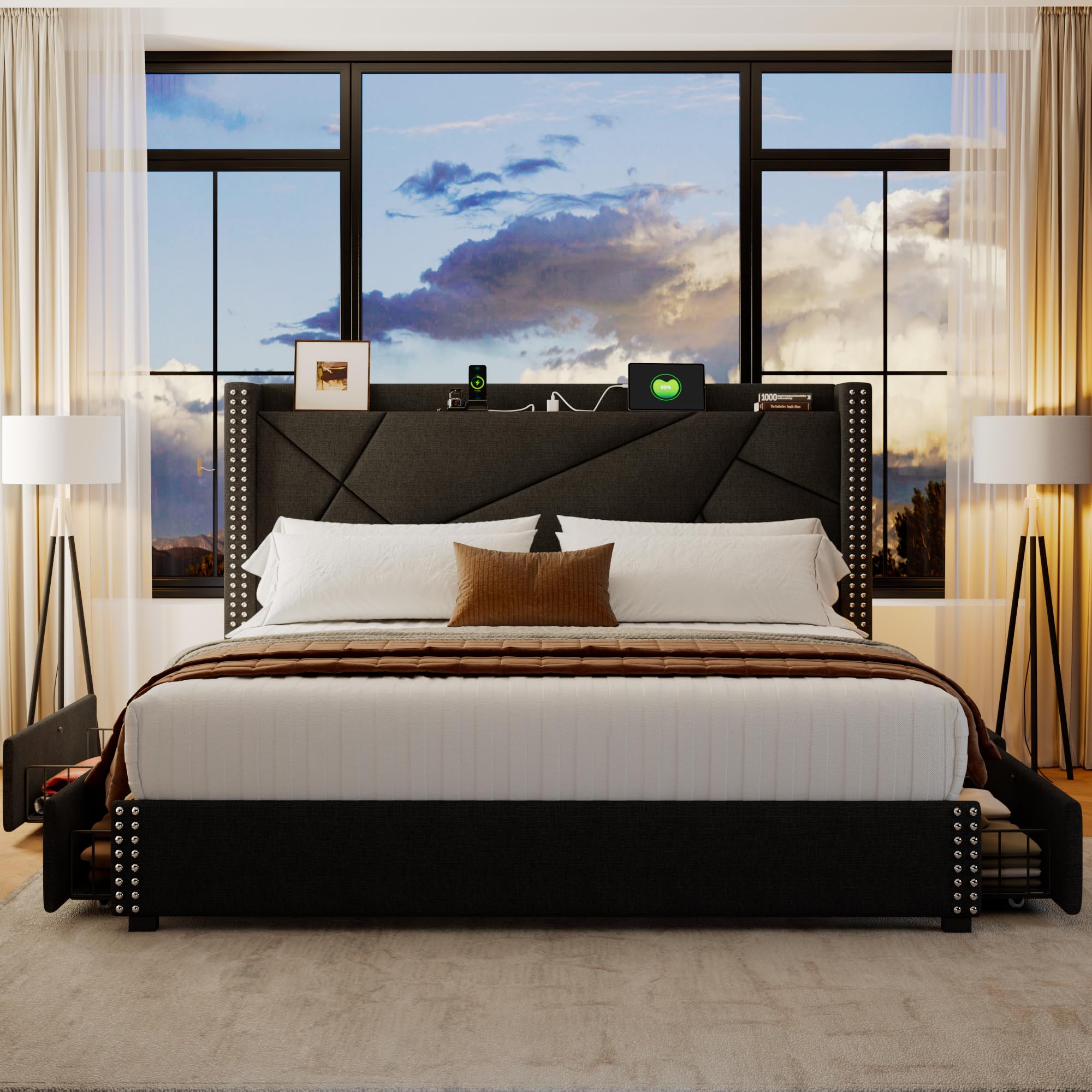 Einhomn Upholstered King Size Bed Frame with 4 Storage Drawers ...