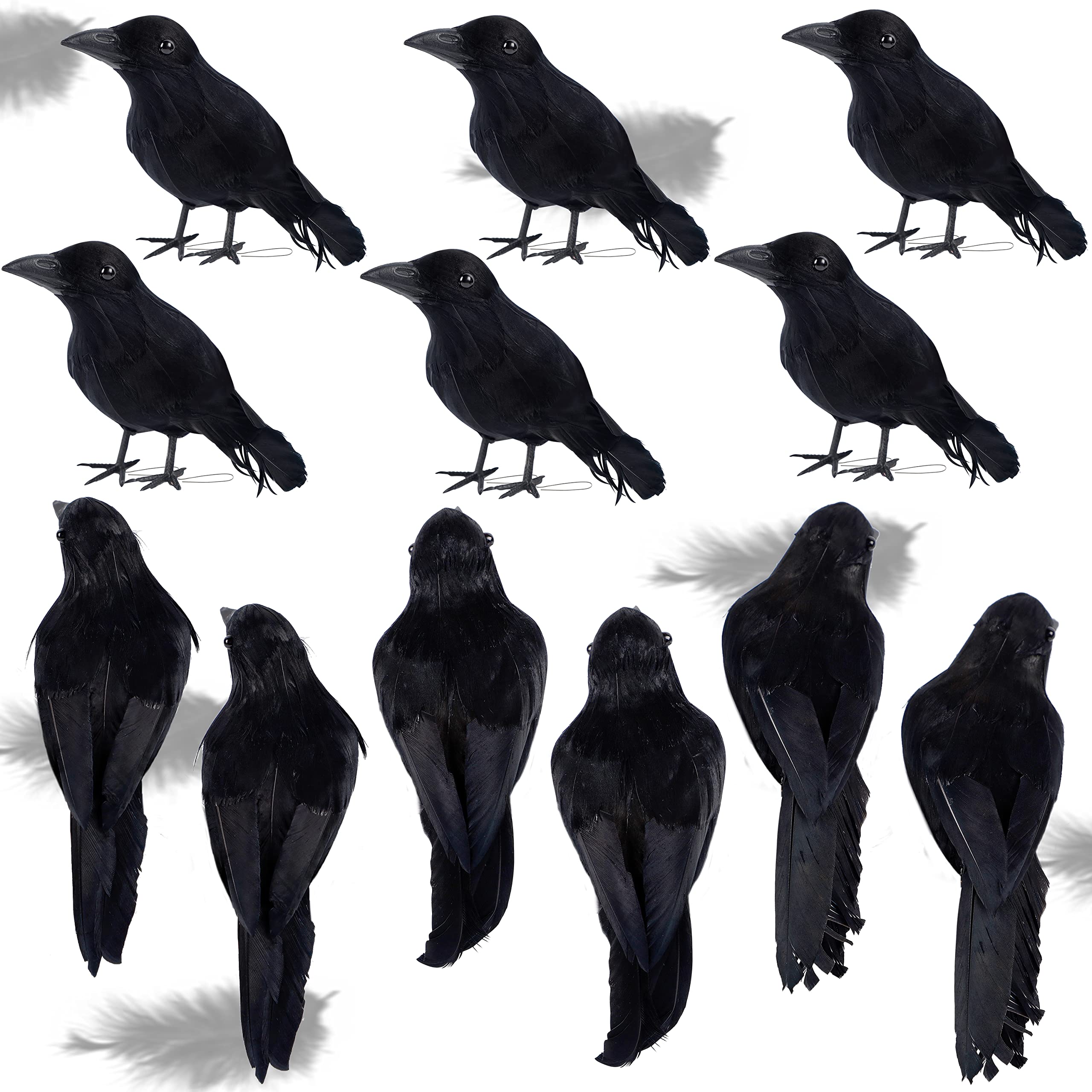 ATDAWN 12 Pack Halloween Black Feathered Crows, Realistic Looking ...