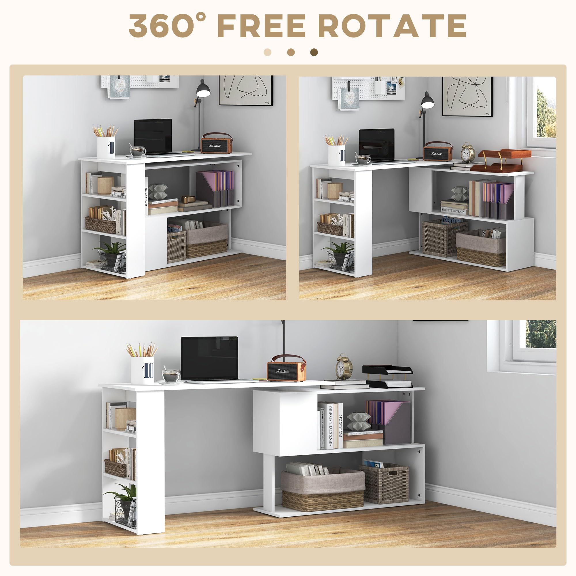 HOMCOM L Shaped Desk, Corner Computer Desk, 360 Degree Rotating Home Office Desk With Storage ...