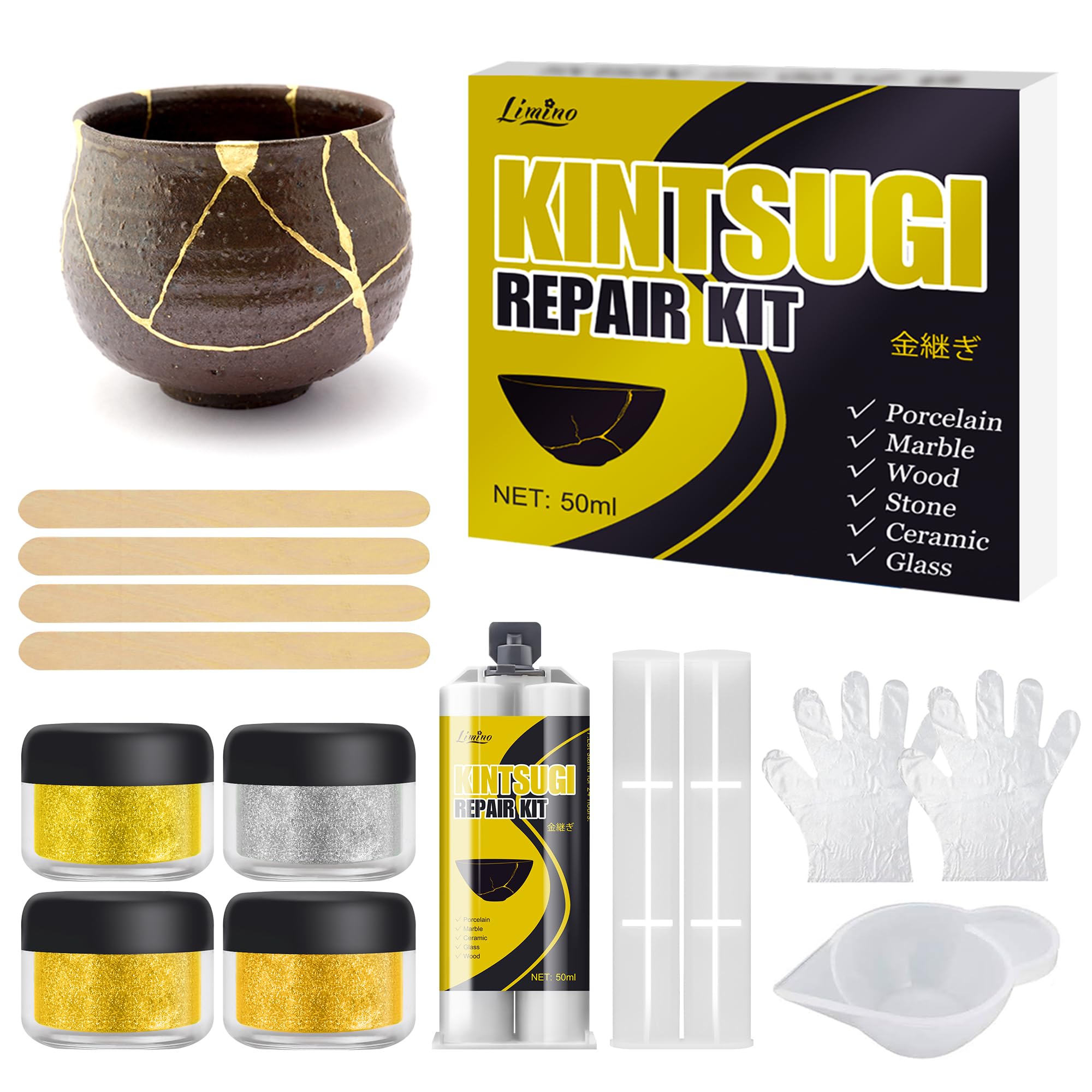 Kintsugi Repair Kit - Gold & Silver Food Safe Fast Repair Kintsugi Glue ...