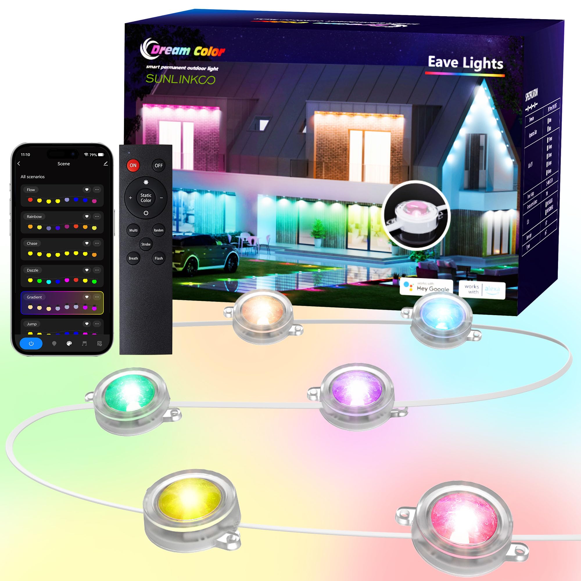 SUNLINKCO RGB+IC Permanent Outdoor Lights, 100Ft Smart Eave Lights ...